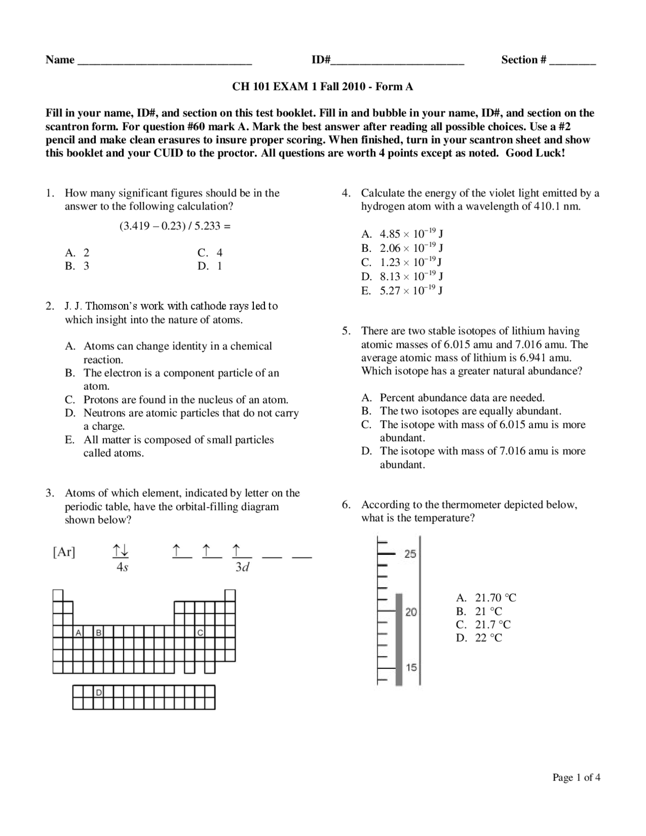 Examination 1 Form A Fall 2010 General Chemistry Ch 101 Docsity
