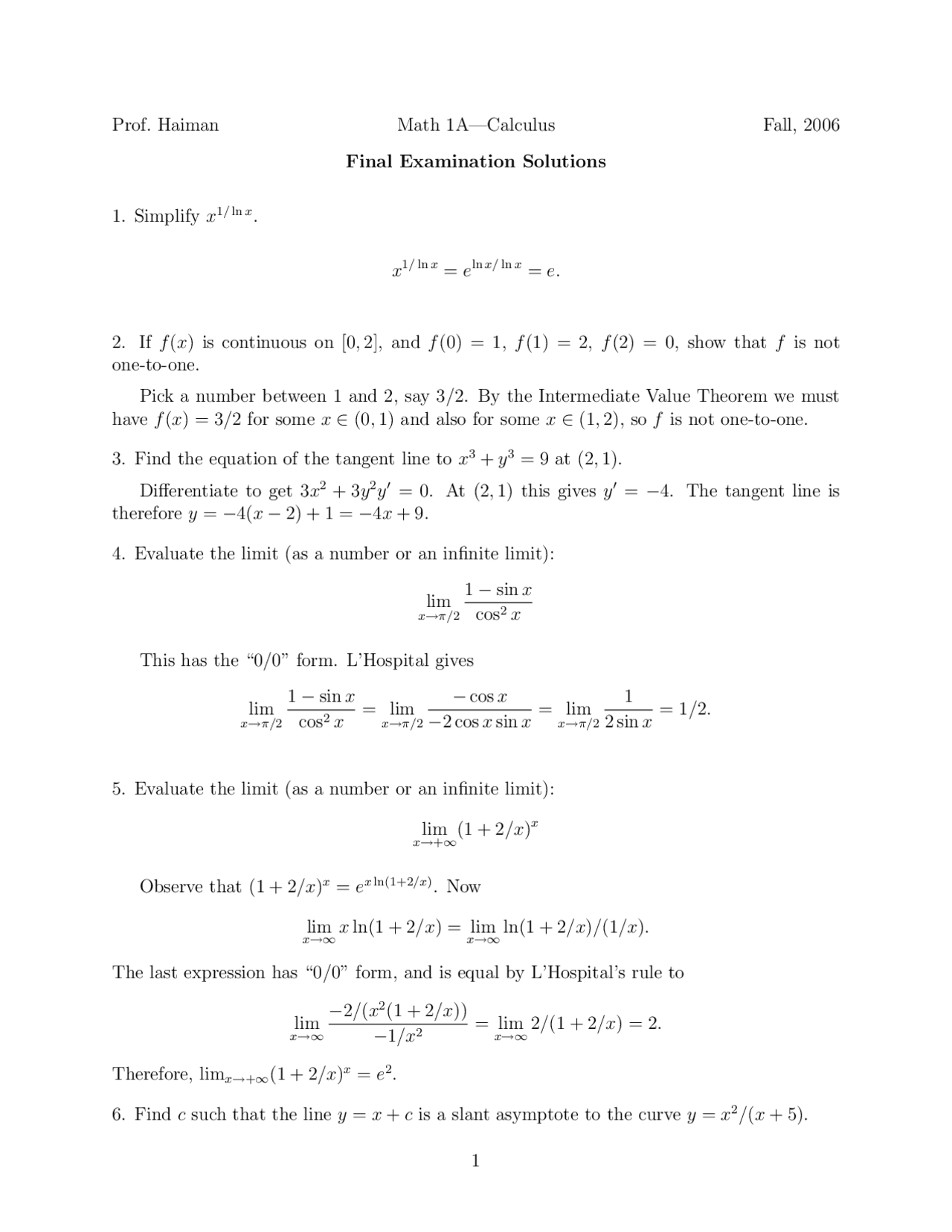 Solutions For Final Exam Calculus Math 1a Docsity