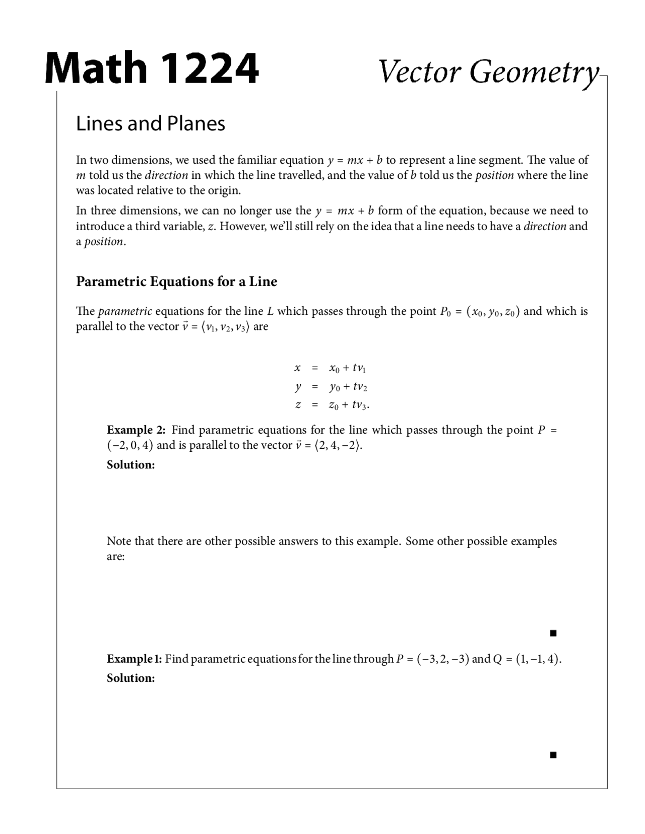 Parametric Equation of Line - Vector Geometry | MATH 1224 - Docsity