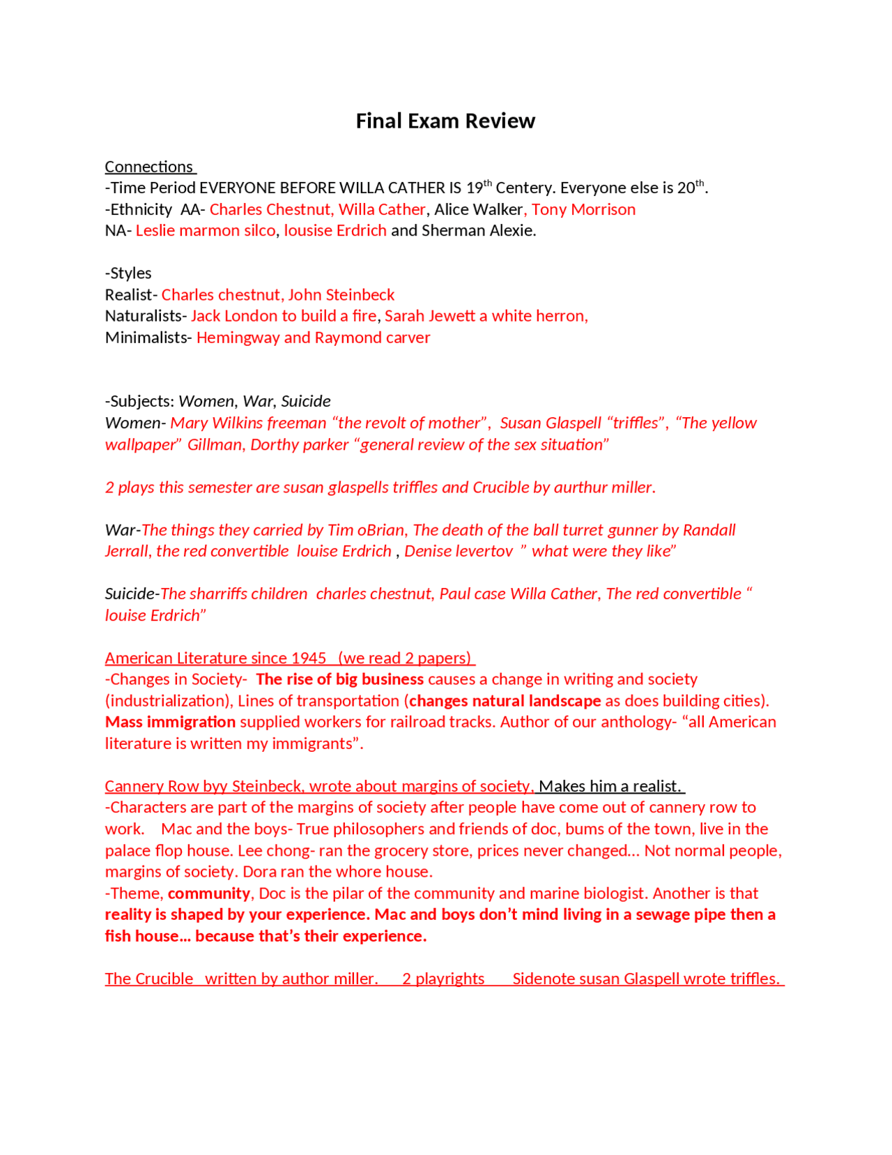 Final Exam Review - American Literature Since 1865 | ENG 2360 - Docsity