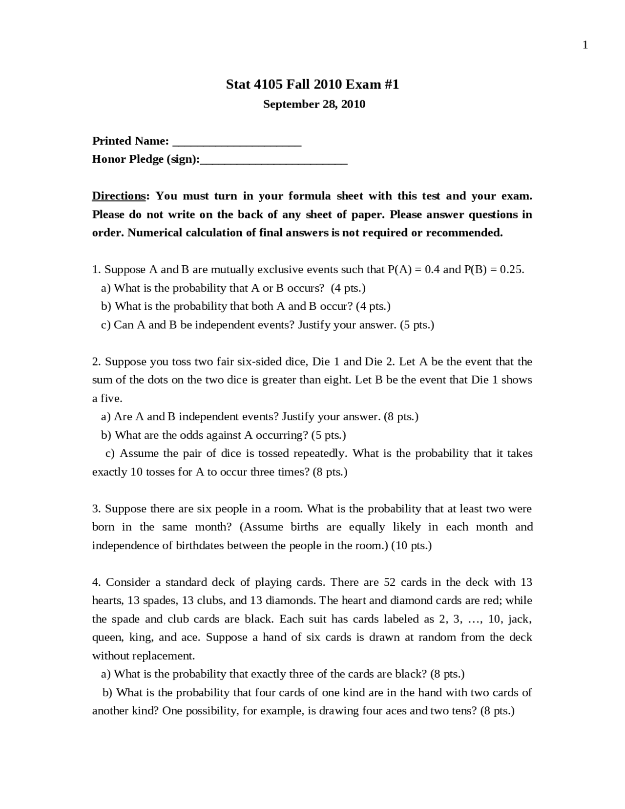 Exam 1 Questions And Answers Theoretical Statistics Stat 4105 Docsity