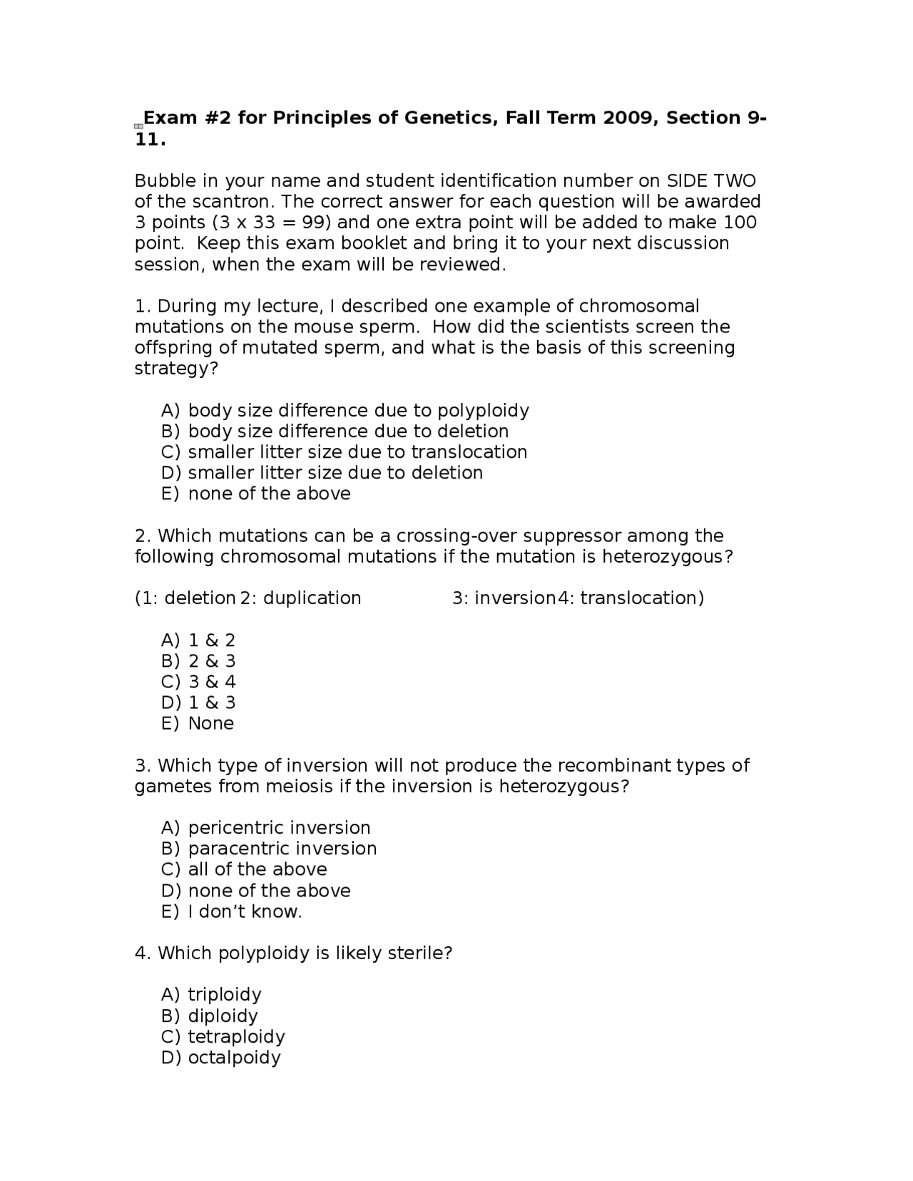 Exam 2 For Principles Of Genetics Fall Term 2005 Biol 2153 Docsity