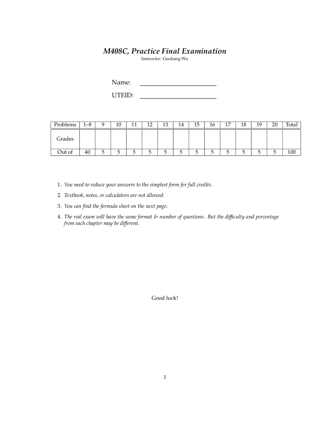 20 Practice Problems On Differential And Integral Calculus M 408c
