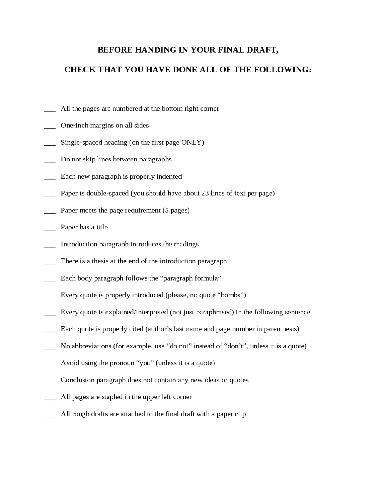 Final Draft Checklist - Expository Writing I | 355 101 - Docsity