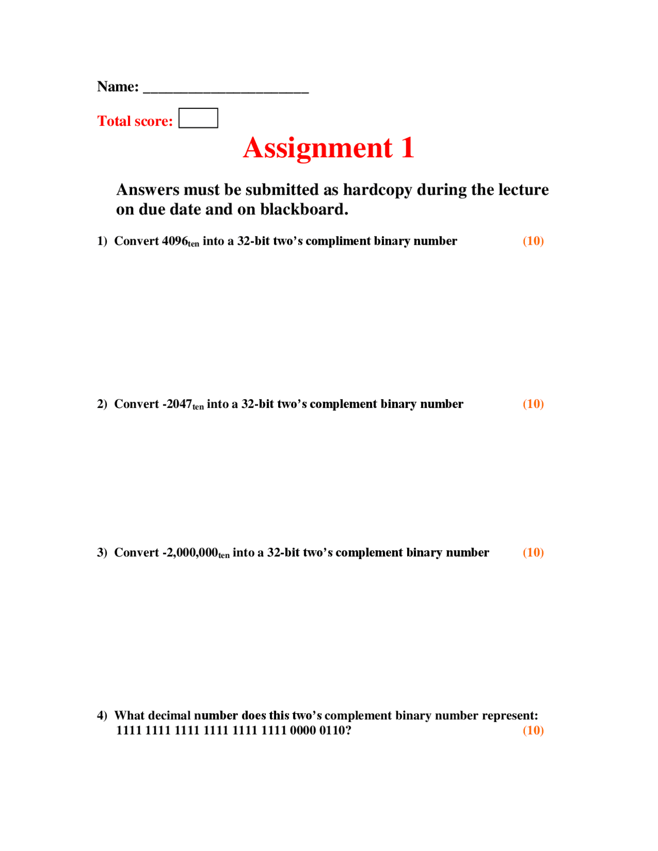 Quiz # 1 - Number System - Computer Architecture | COSC 3330 - Docsity