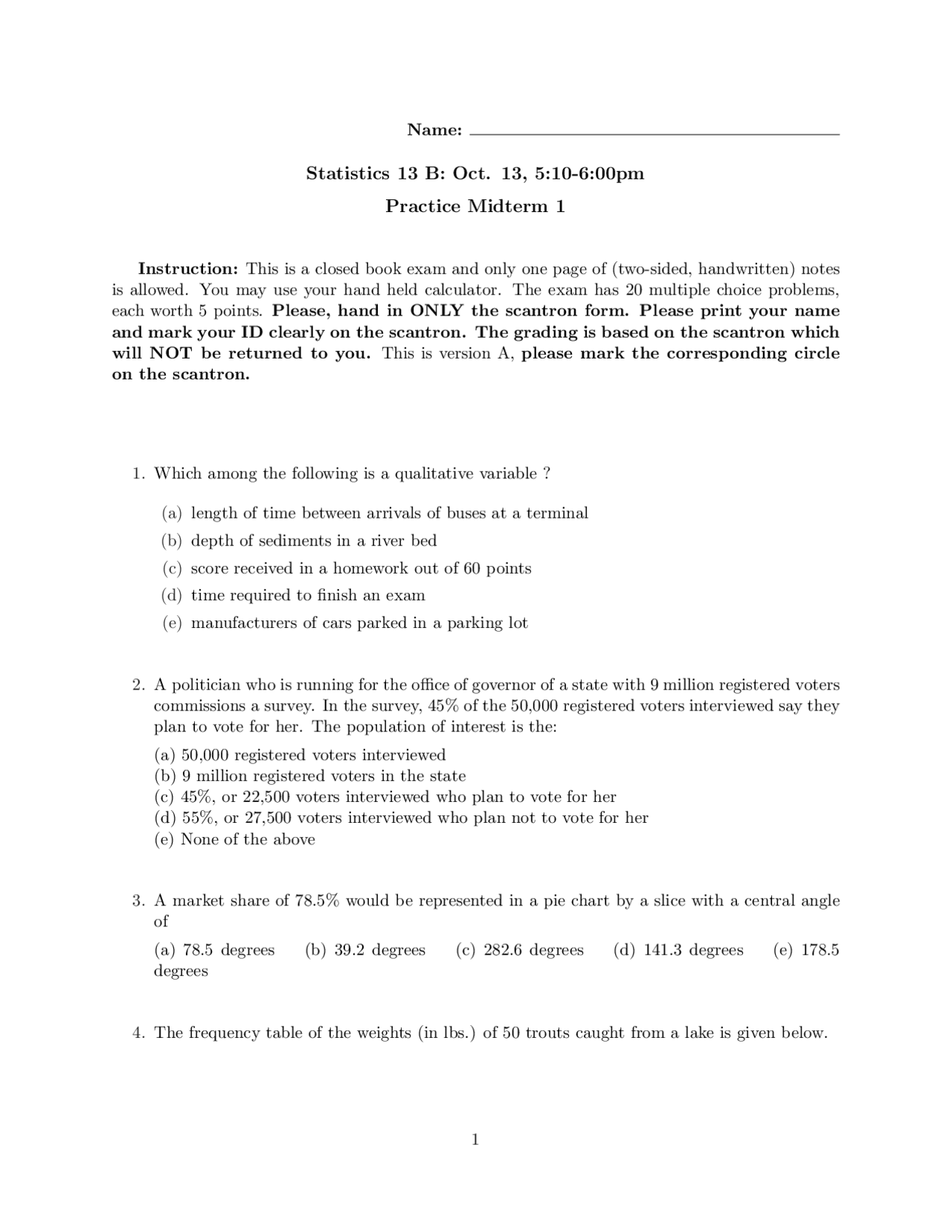 Practice Midterm Exam 1 Elementary Statistics Sta 013 Docsity