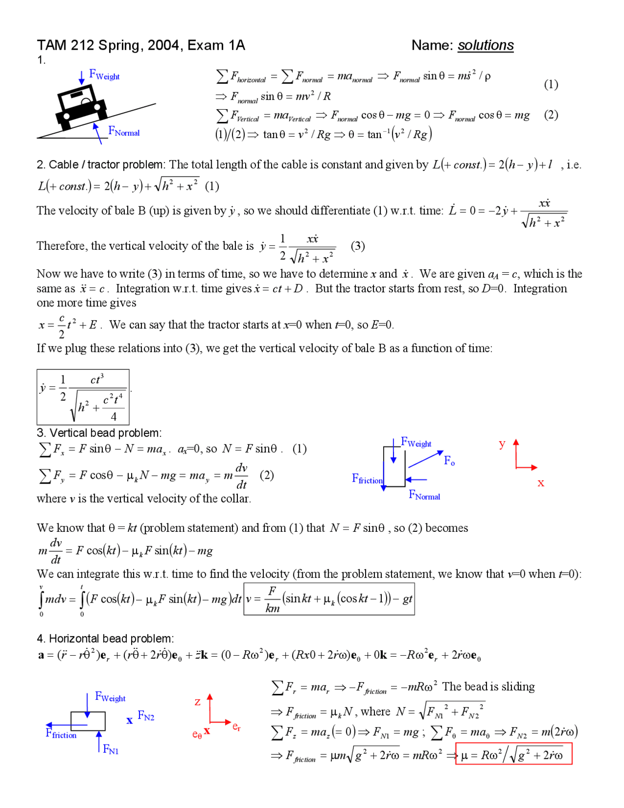 Practice Exam 1A with Solutions - Introductory Dynamics | TAM 212 - Docsity