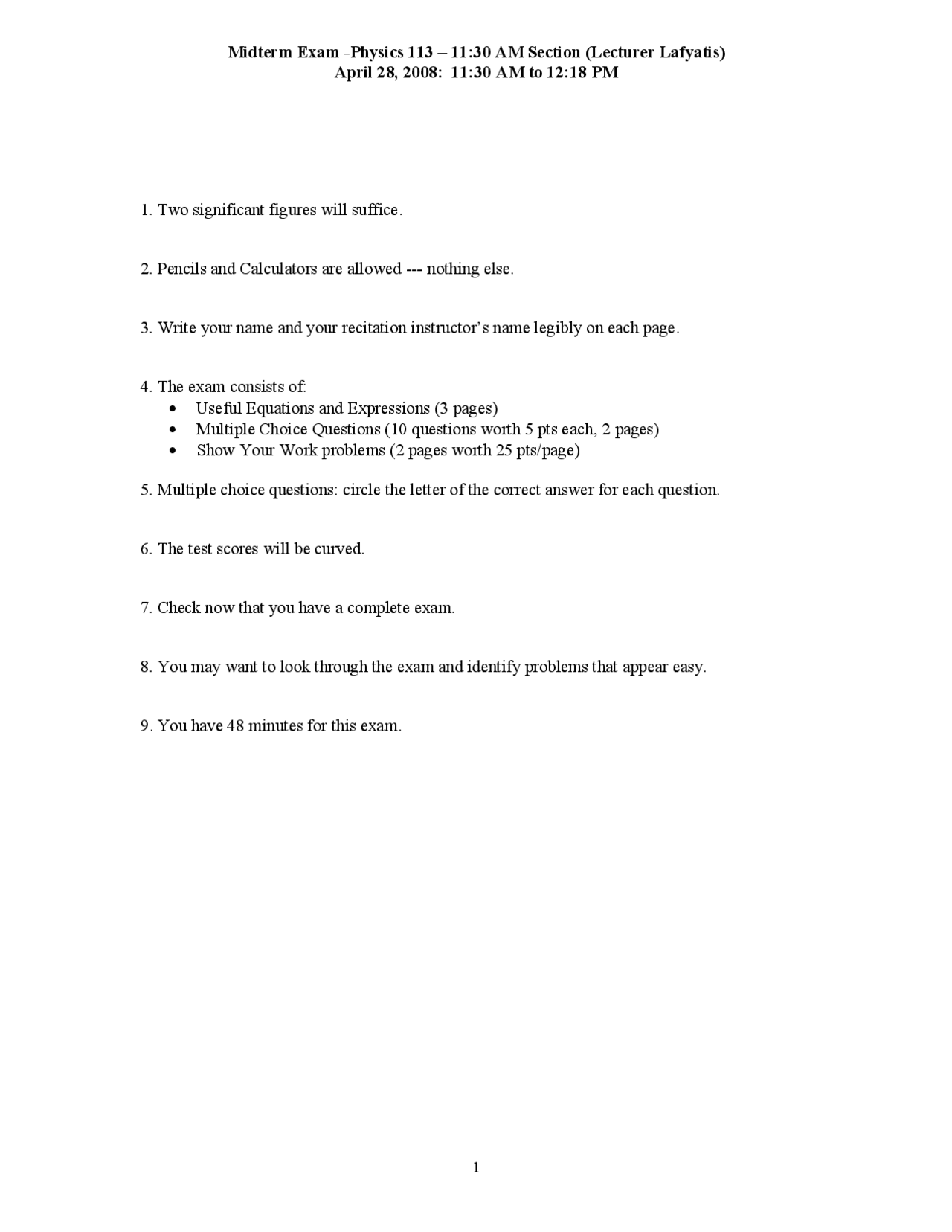 Midterm Exam | Modern Physics with useful equations | PHYSICS 113 - Docsity