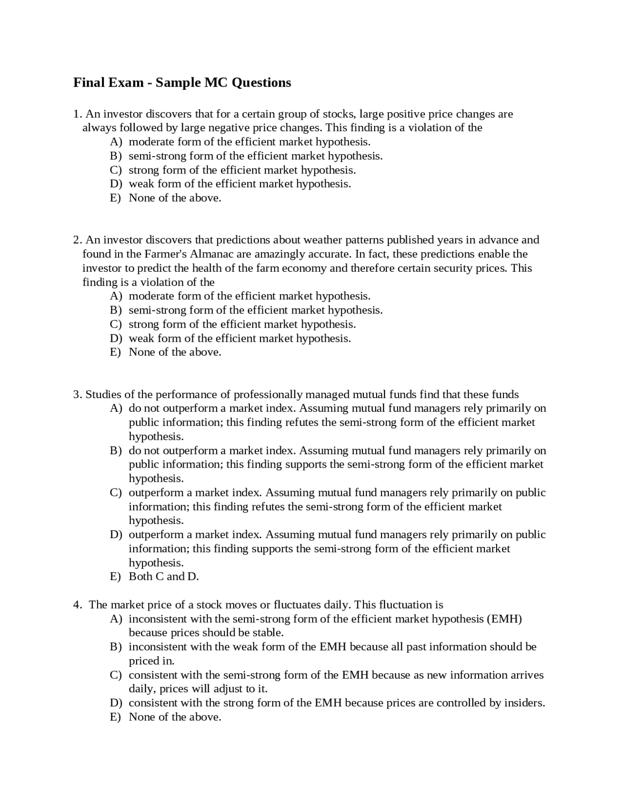 Exam 3 Sample Multiple Choice Questions | Business Finance | FIN 357 ...