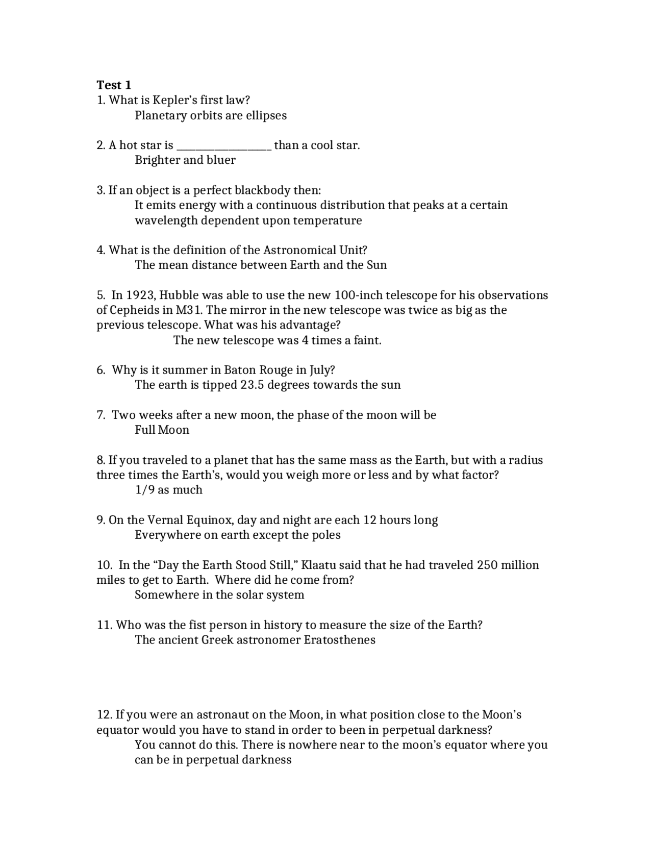 The Solar System Test One Answers Astr 1101 Exams Astronomy Docsity