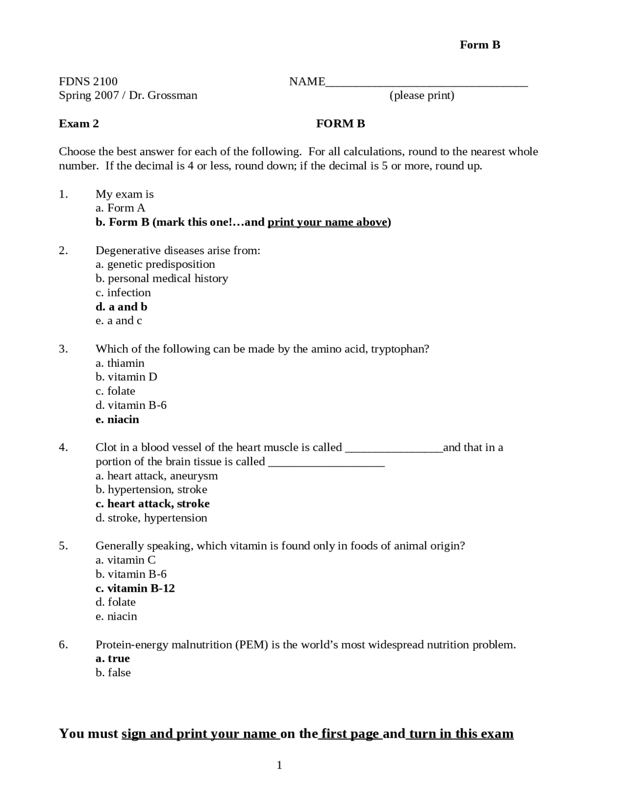 Exam 2B with Solutions for Human Nutrition and Food | FDNS 2100 - Docsity