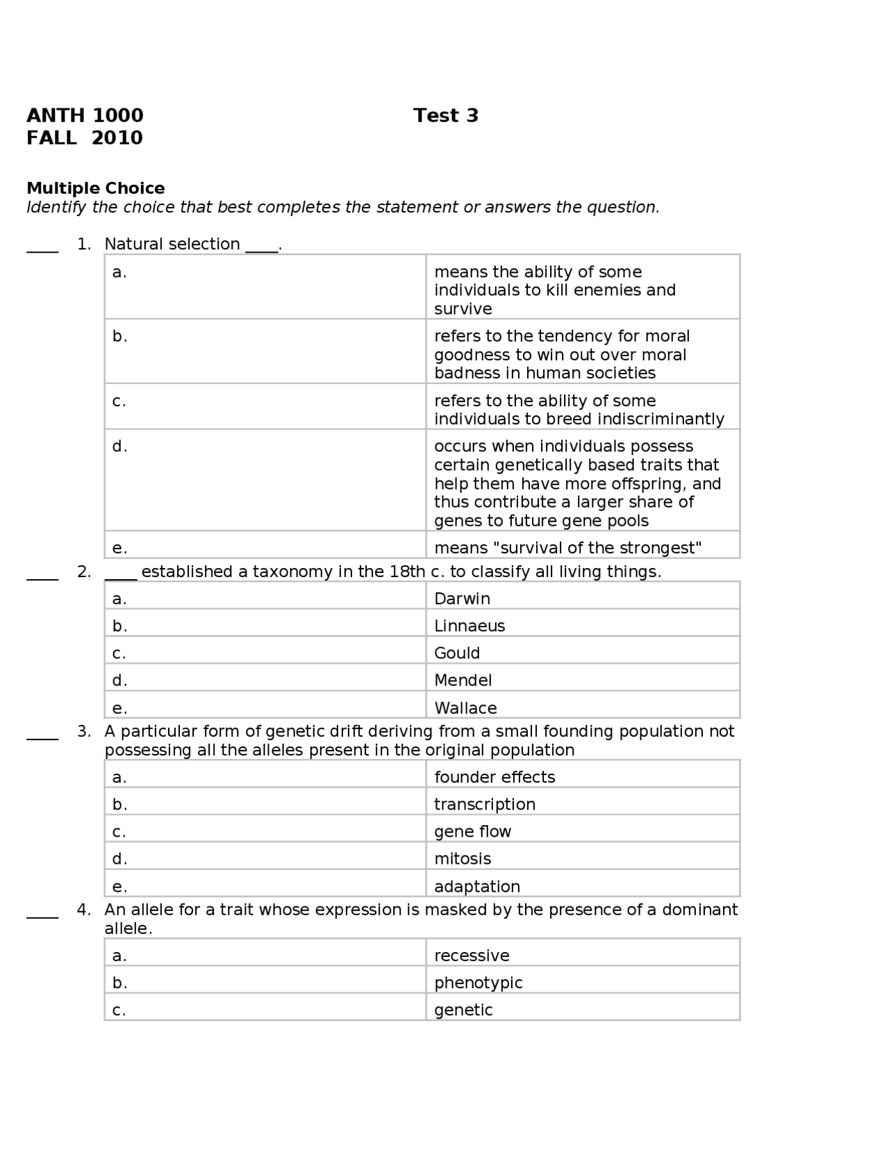 Practice Test 3 - Fall 2010 - Introduction to Anthropology | ANTH 1000 ...