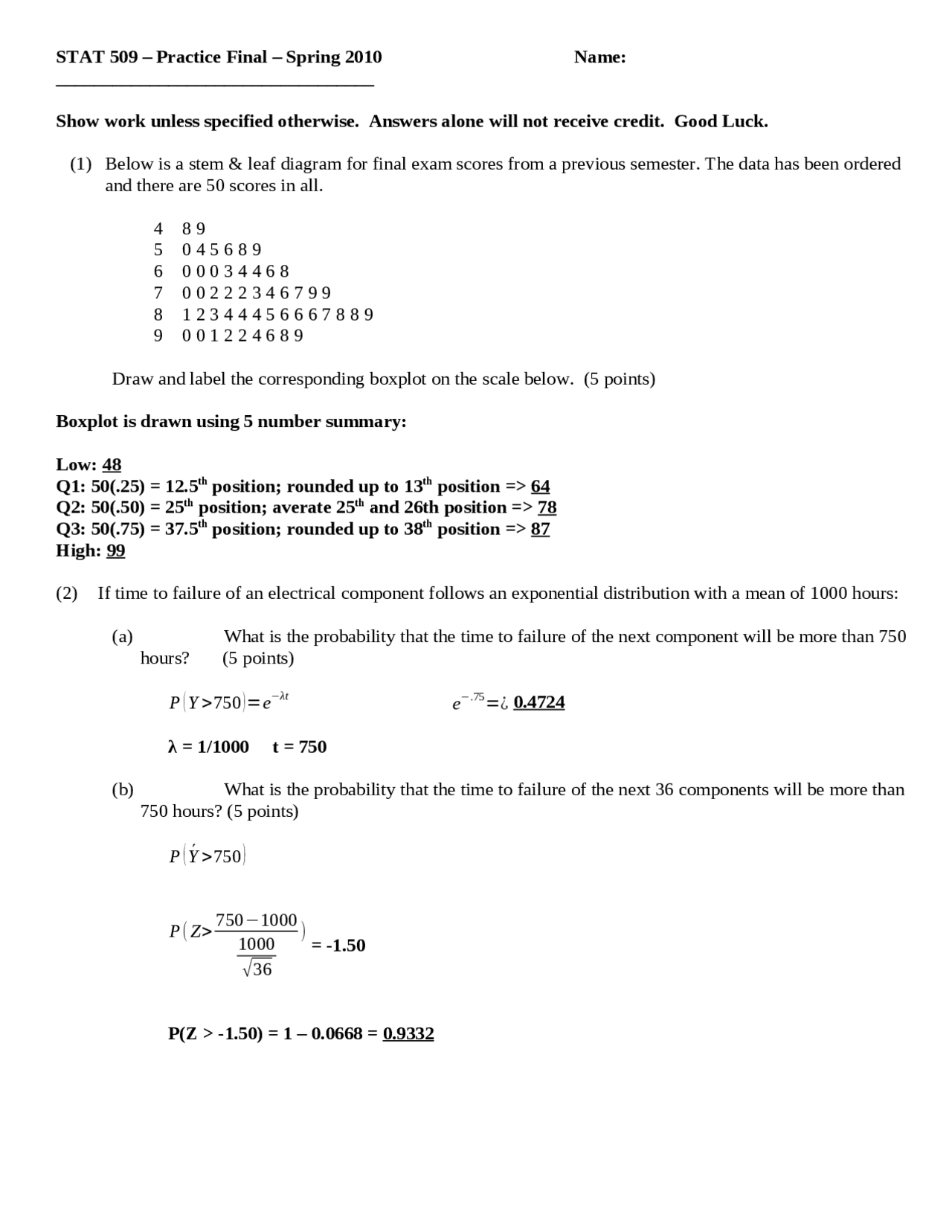 Practice Final Exam with Solutions - Statistical for Engineers | STAT ...
