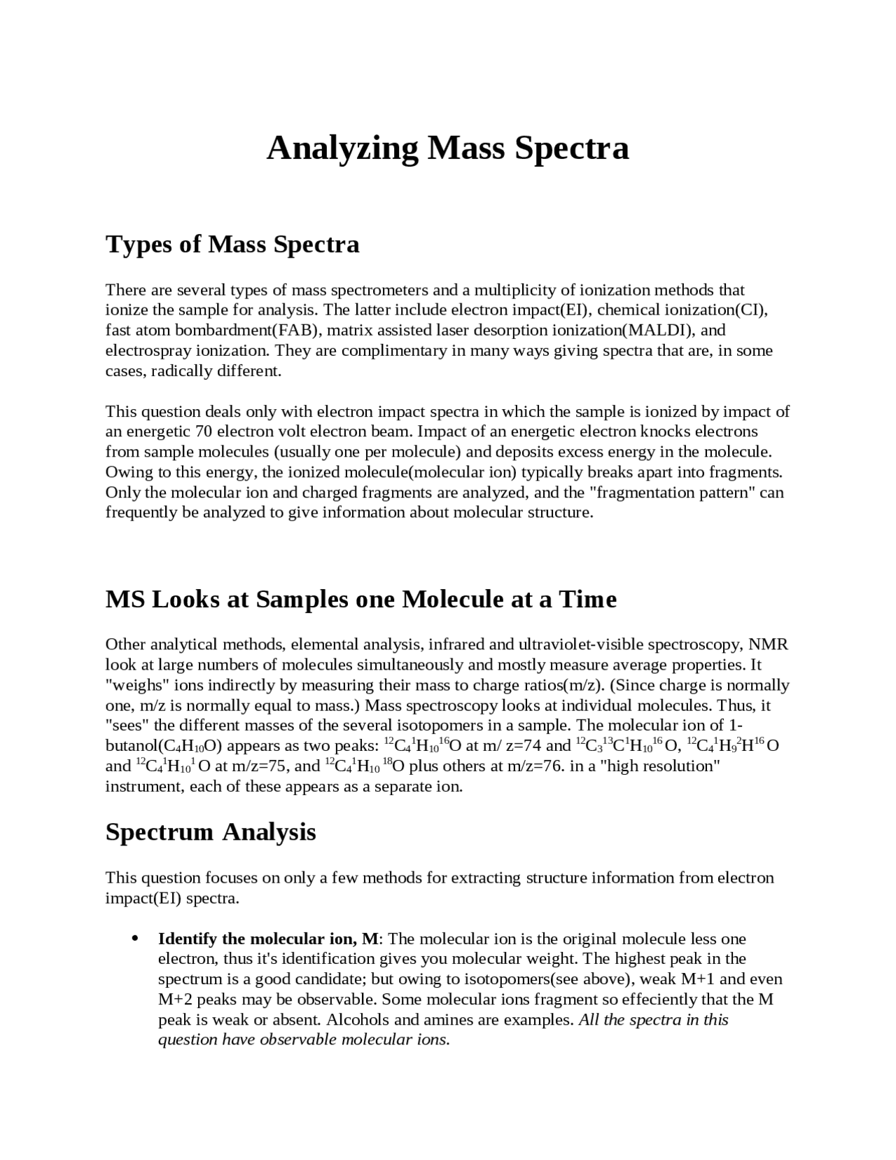 Analyzing Mass Spectra - Organic Chemistry 1 - Notes | CHEM 321 - Docsity