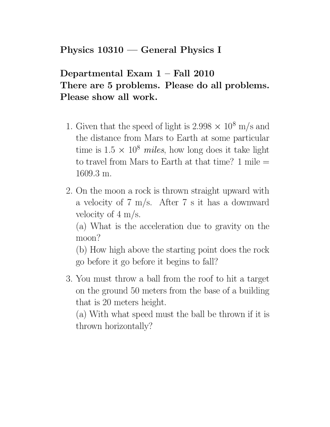 5 Questions on General Physics I - Departmental Exam 1 | PHYS 10310 ...