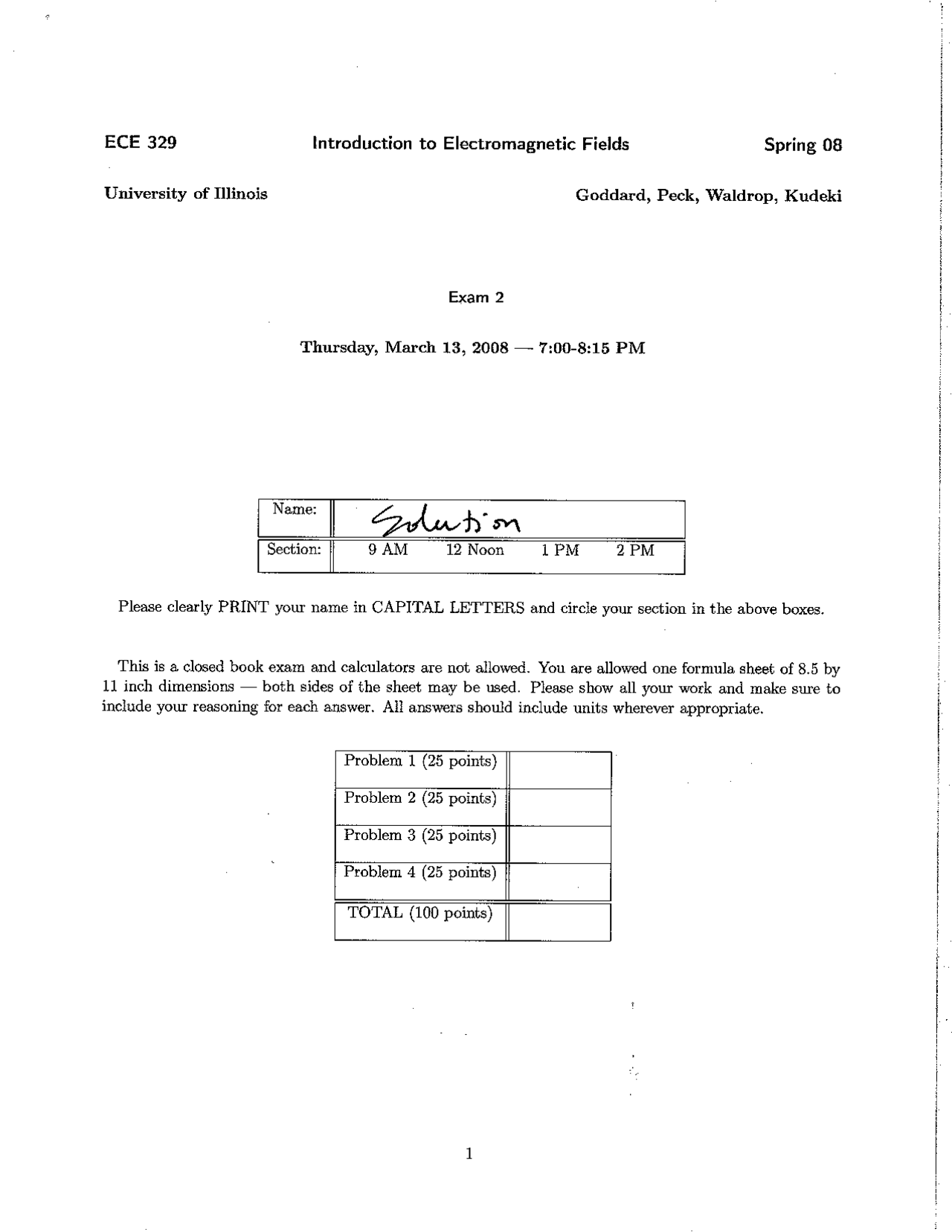 Introduction To Electromagnetic Fields Midterm Exam Ece 329 Docsity