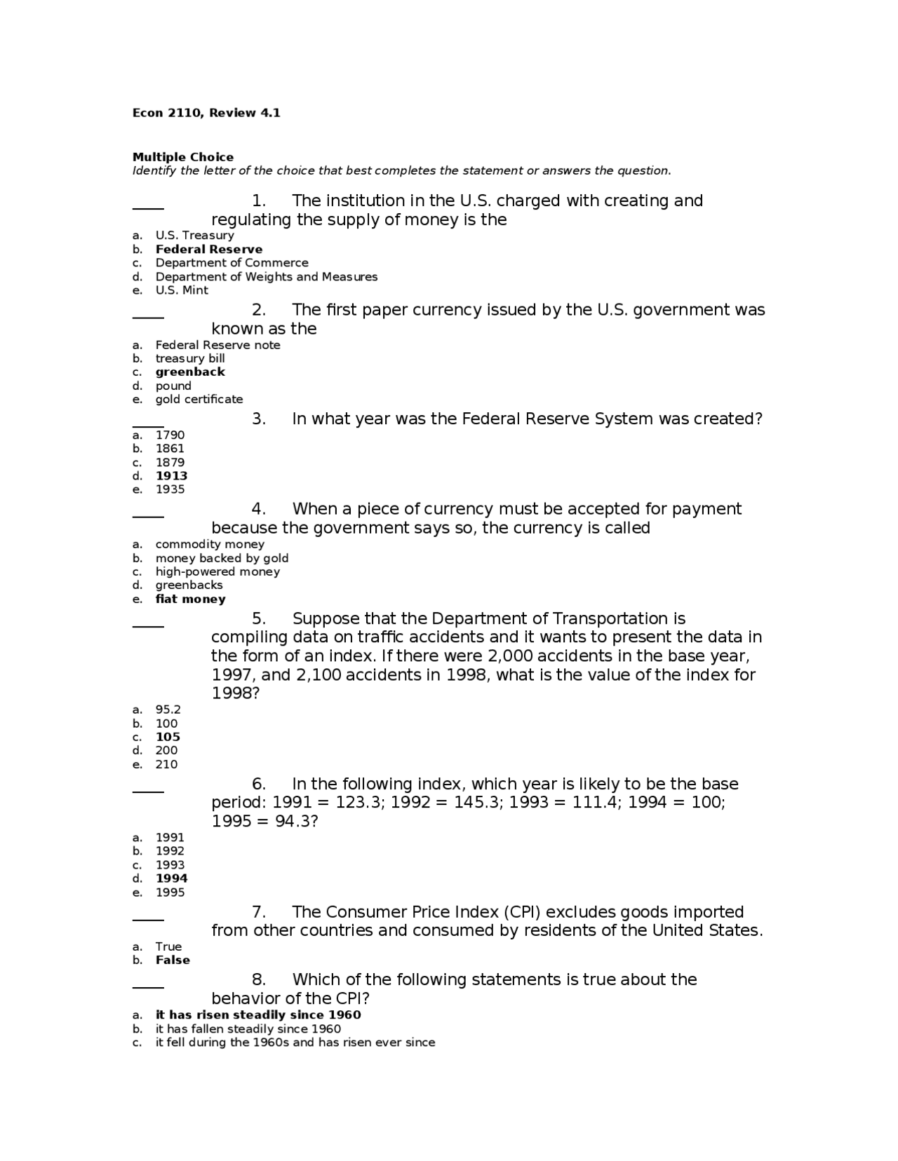 3 Solved MCQs on the Federal Reserve System | ECON 2110 - Docsity