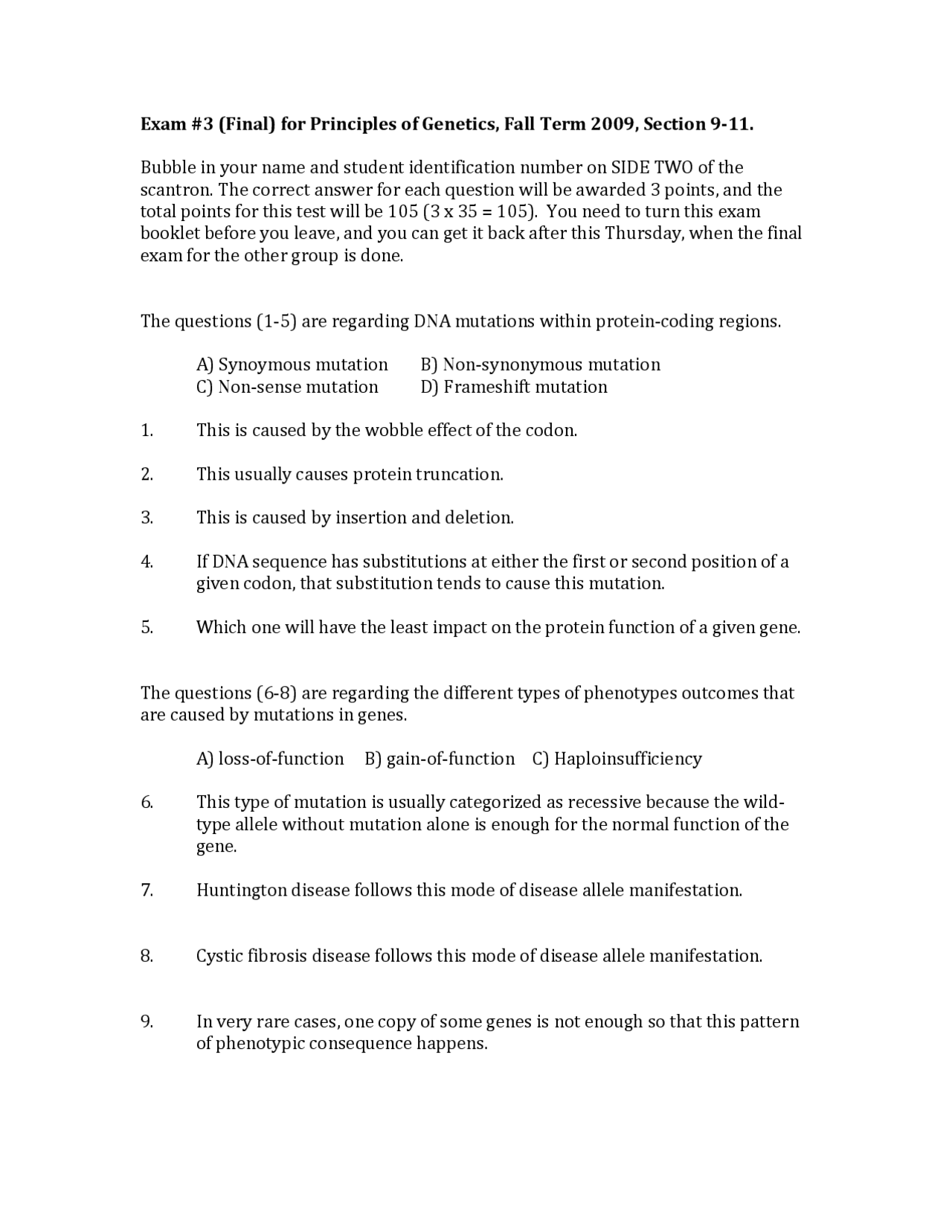 Exam Iii Questions Principles Of Genetics Biol 2153 Docsity