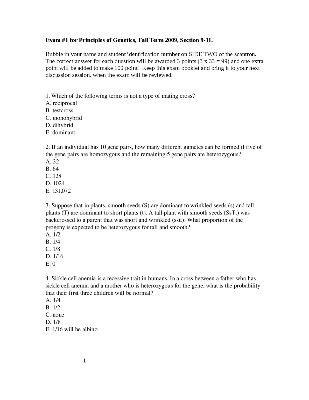 Practice Exam 1 Questions - Principles of Genetics | BIOL 2153 | Exams ...