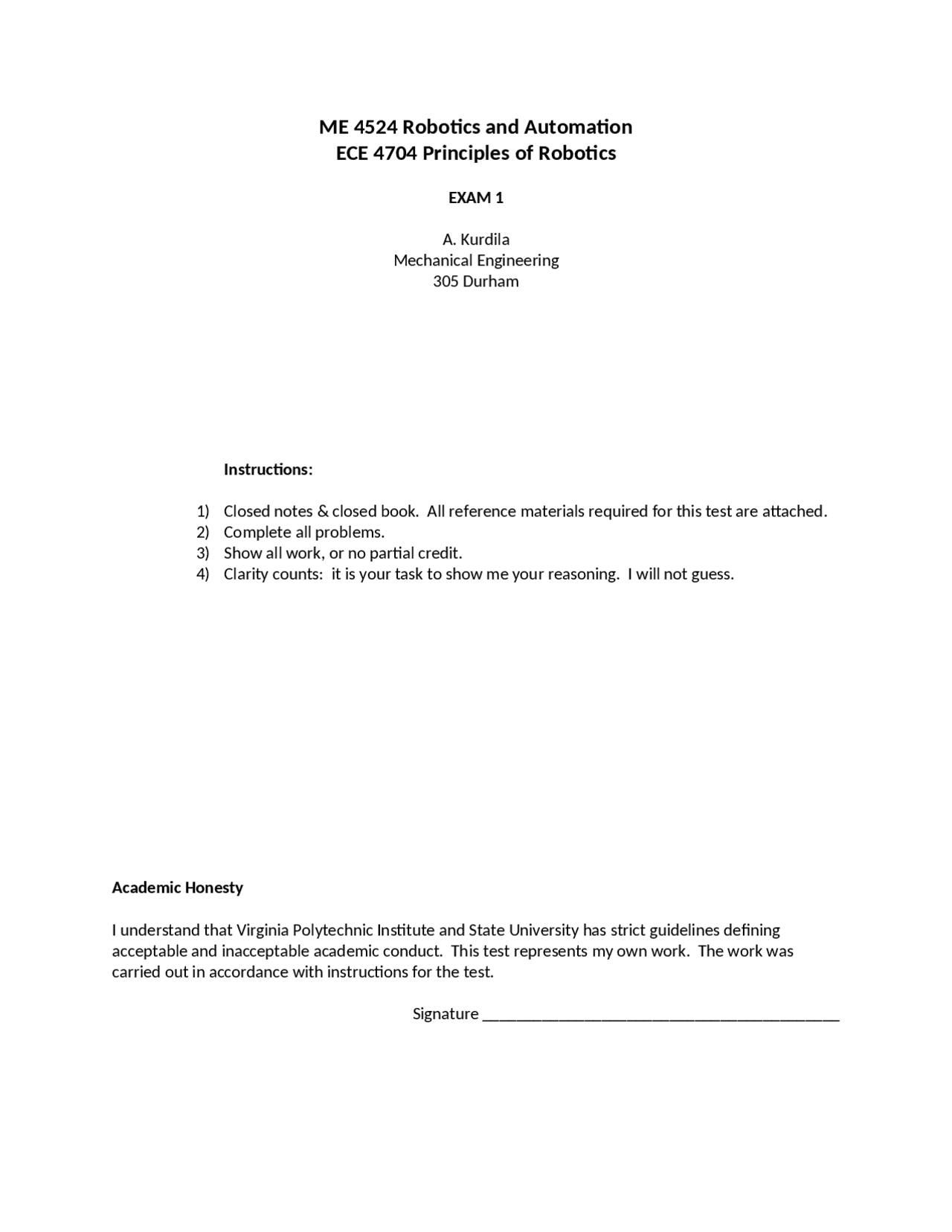 Principles Of Robotics Exam Robotics And Automation Me 4524 Docsity