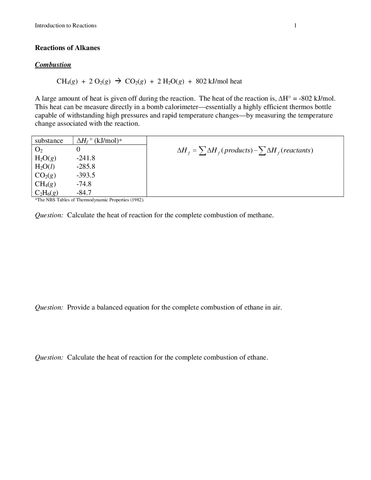 Introduction to Organic Reactions: Combustion and Halogenation of ...