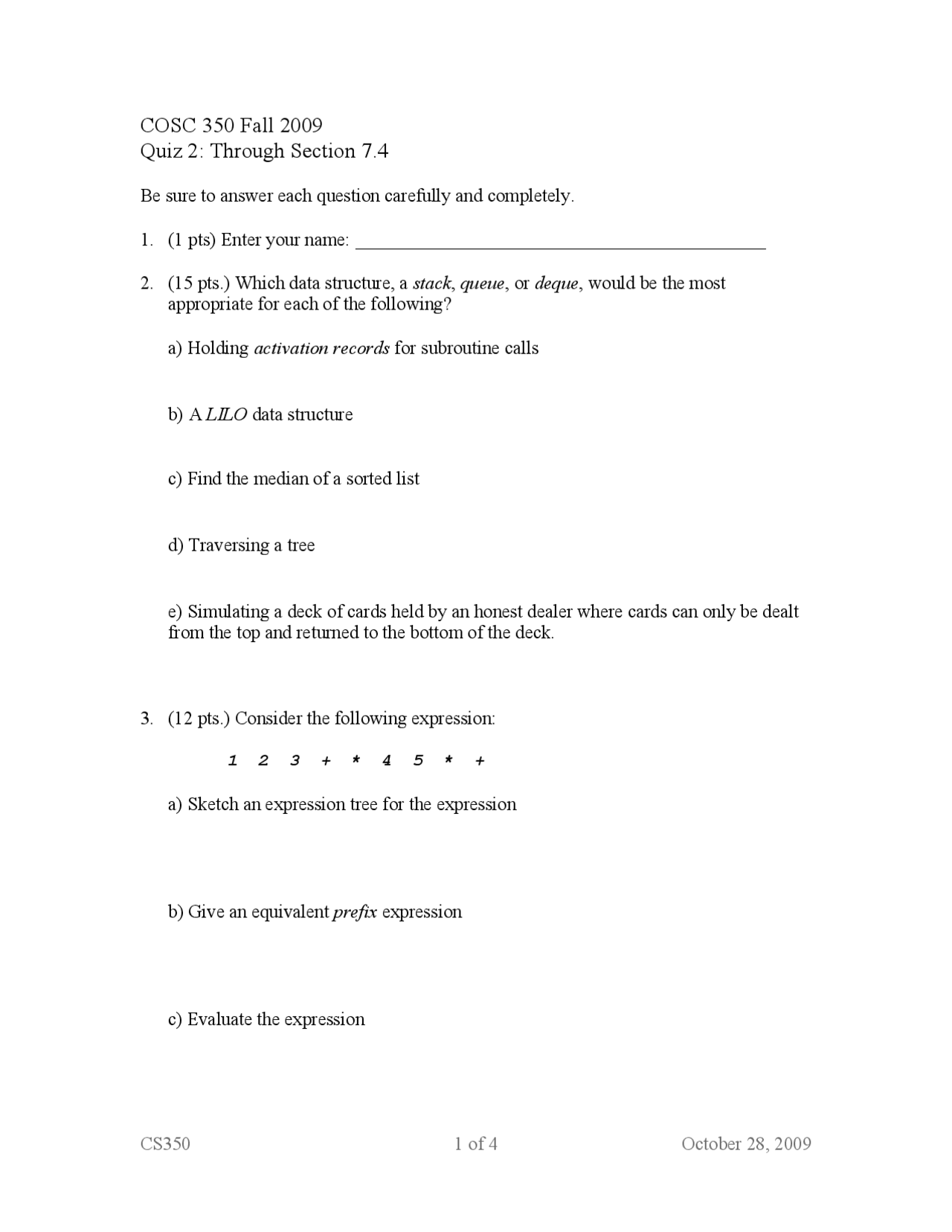 12 Questions For Exam 1 Data Structures Cosc 350 Docsity