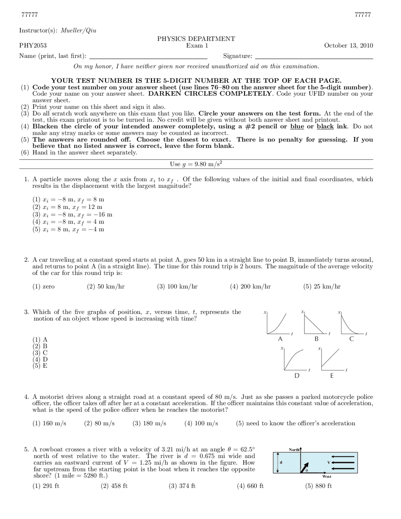 Exam 1 With 20 Multiple Choice Questions Physics 1 Phy 2053 Docsity
