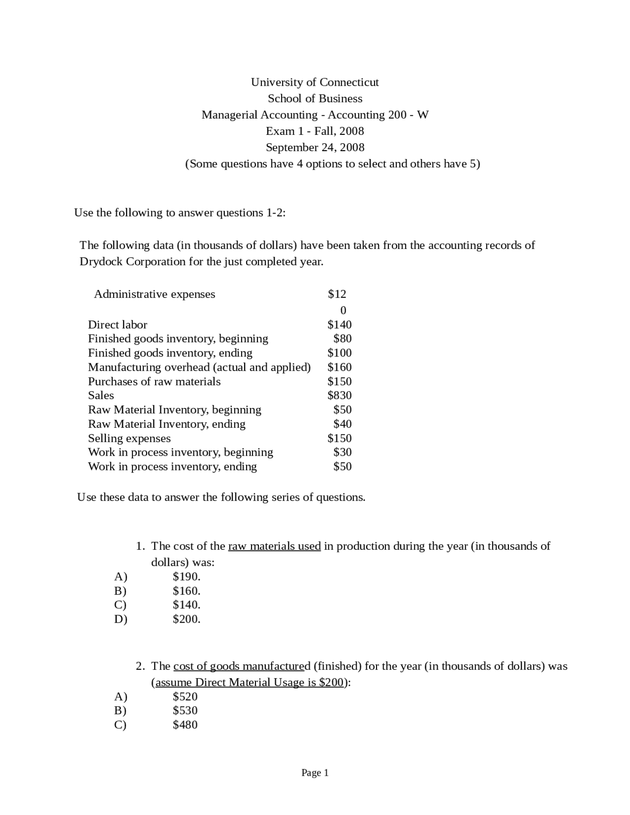 50 Mcqs Exam 1 Principles Of Managerial Accounting Acct 2101 Docsity