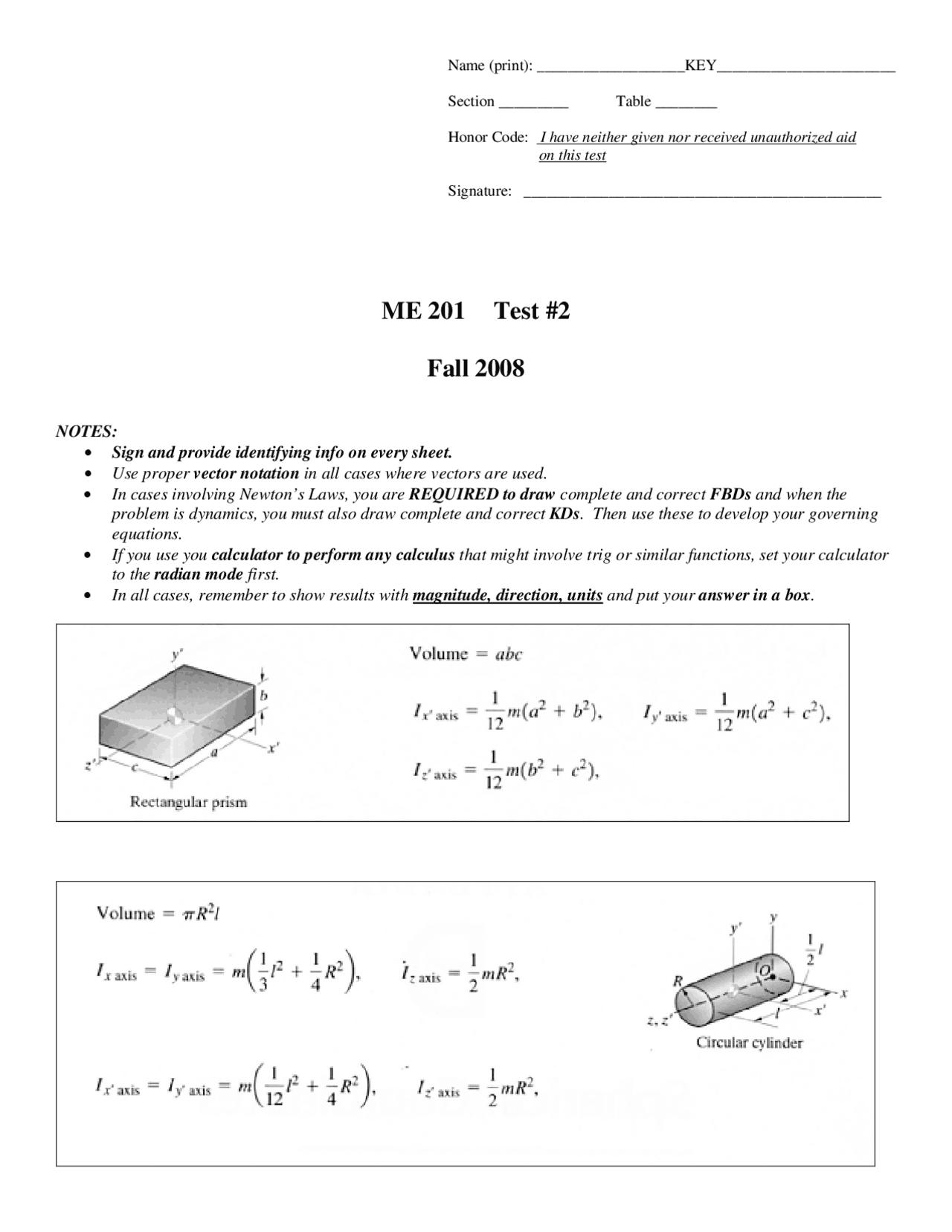 Statics And Dynamics Solved Exam 2 M E 201 Docsity