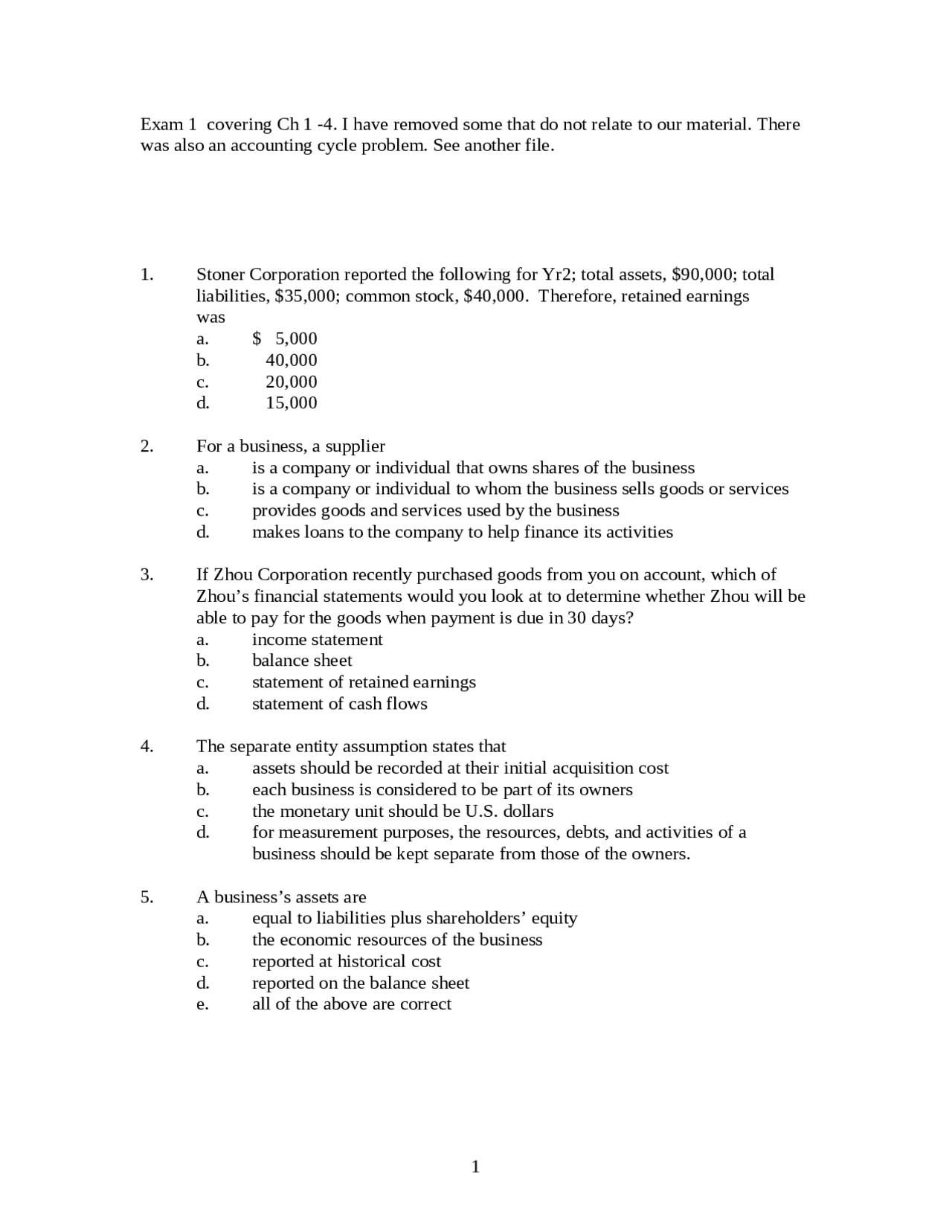 Exam 1 Practice Questions - Accounting I | ACCT 207 | Exams Financial ...