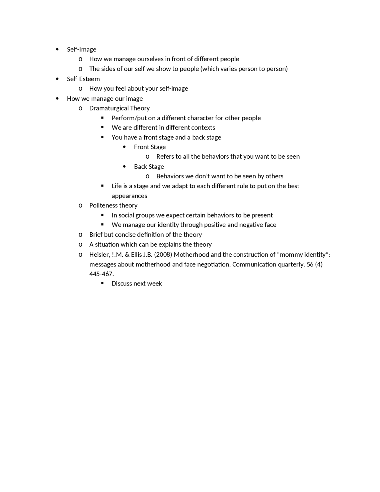 Self Image Notes Foundations Interpersonal Communication Comm 301