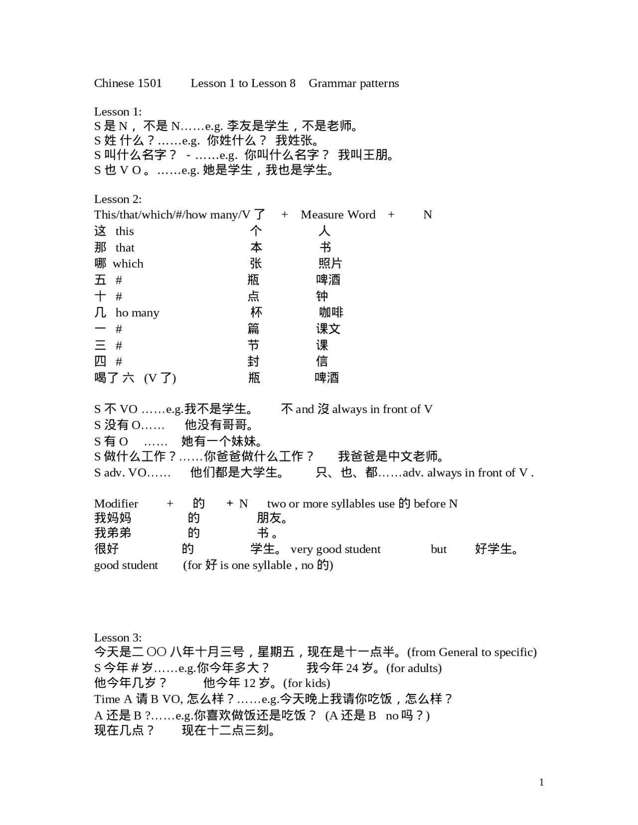 Grammar Pattern - Elementary Chinese I | CHNS 1501 - Docsity