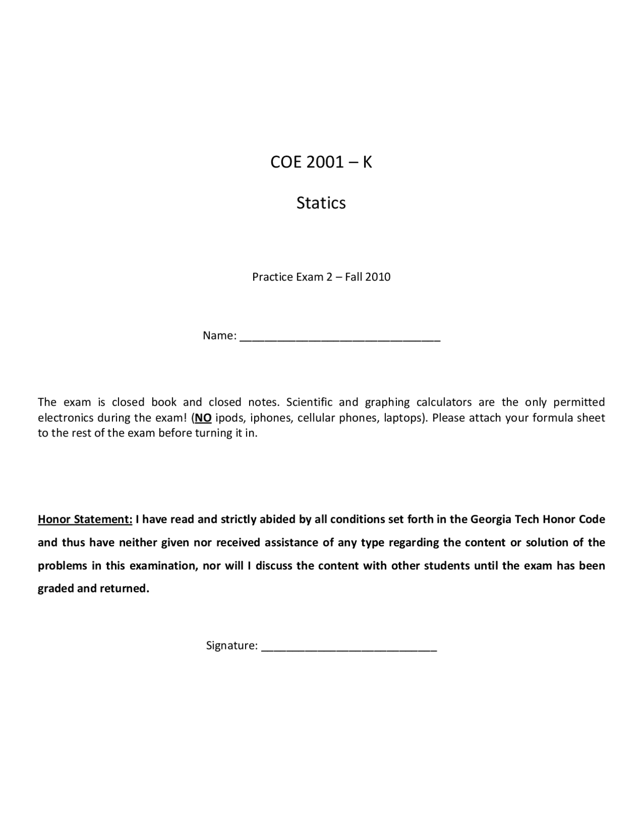 Exam 2 Practice Statics Required Catalog Description Coe 2001
