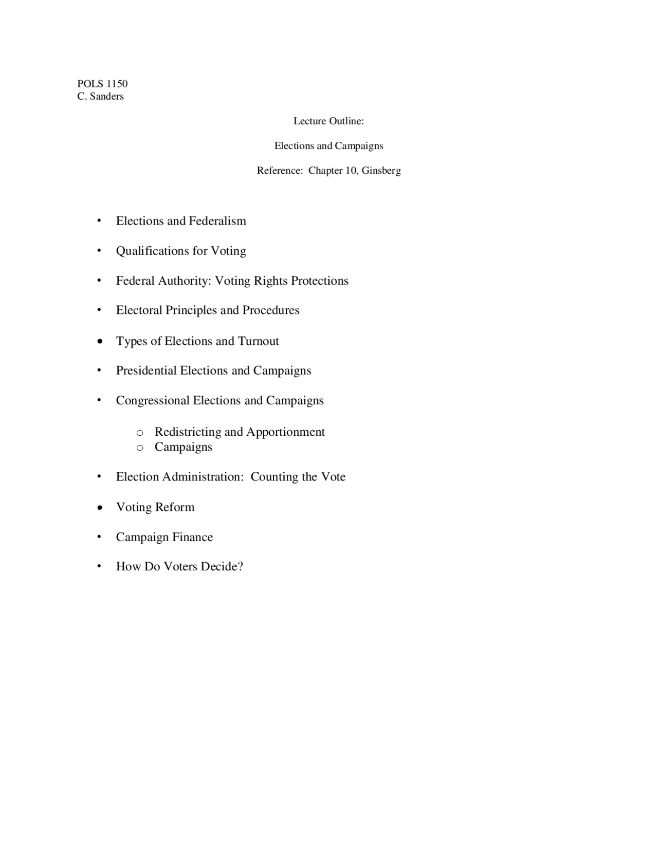 POLS 1150 Lecture Outline: Elections and Campaigns - Prof. Kimberly ...