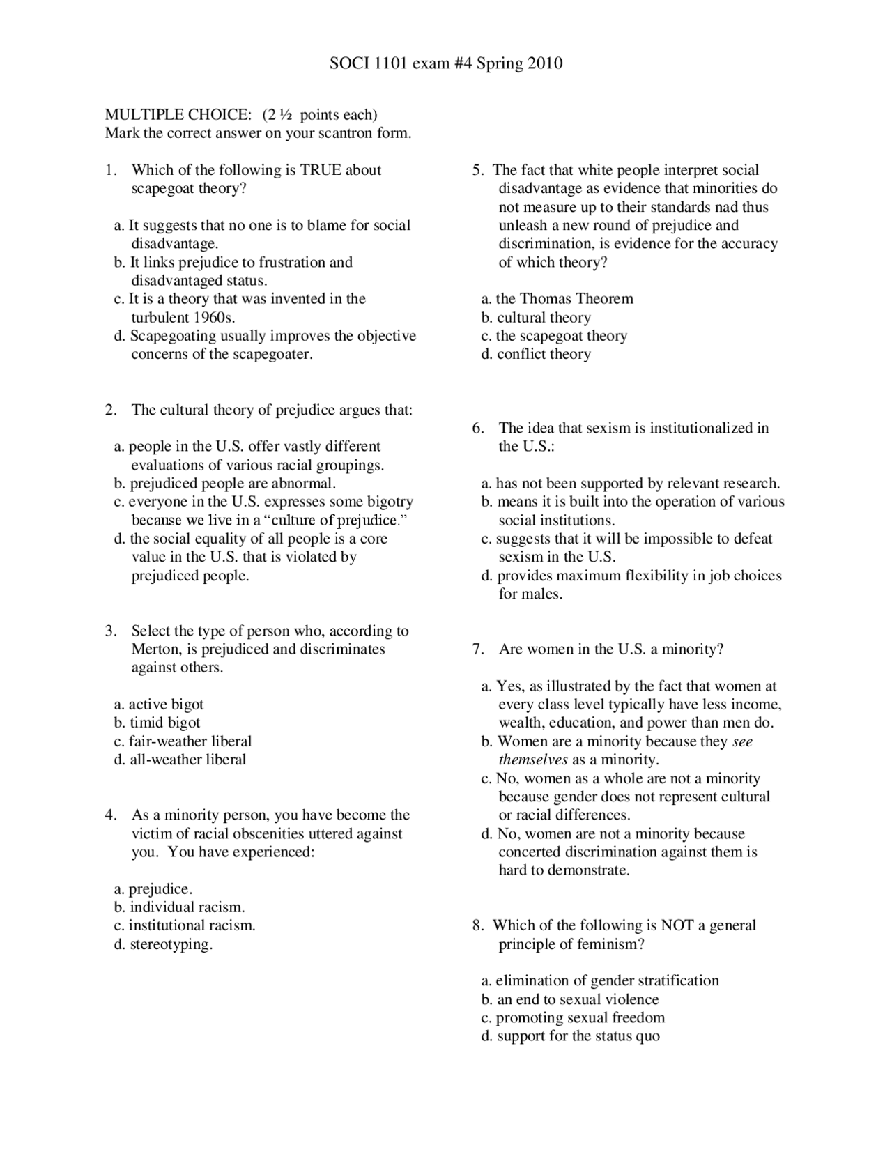 Exam IV Questions - Introduction to Sociology | SOCI 1101 - Docsity