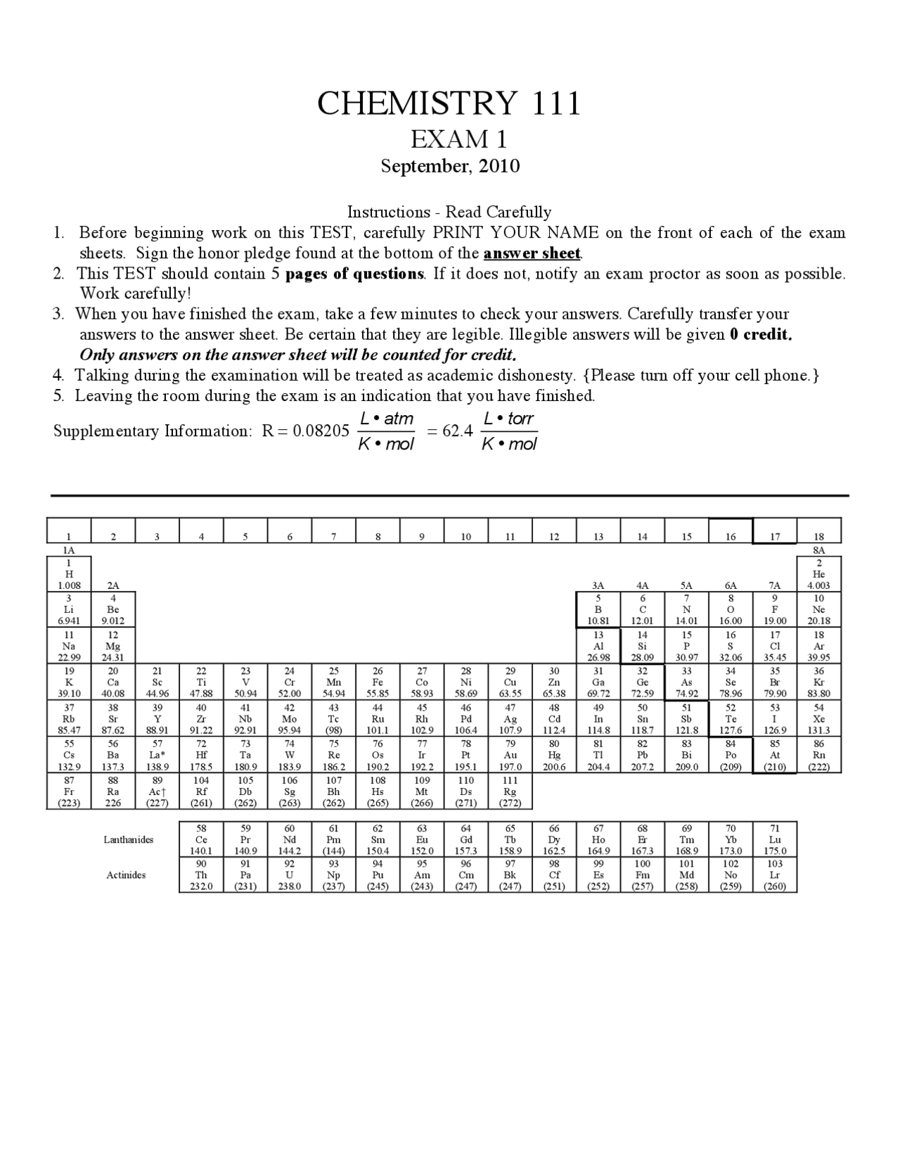 Examination 1 Practice Problems on Preparatory Chemistry | CH 111 - Docsity
