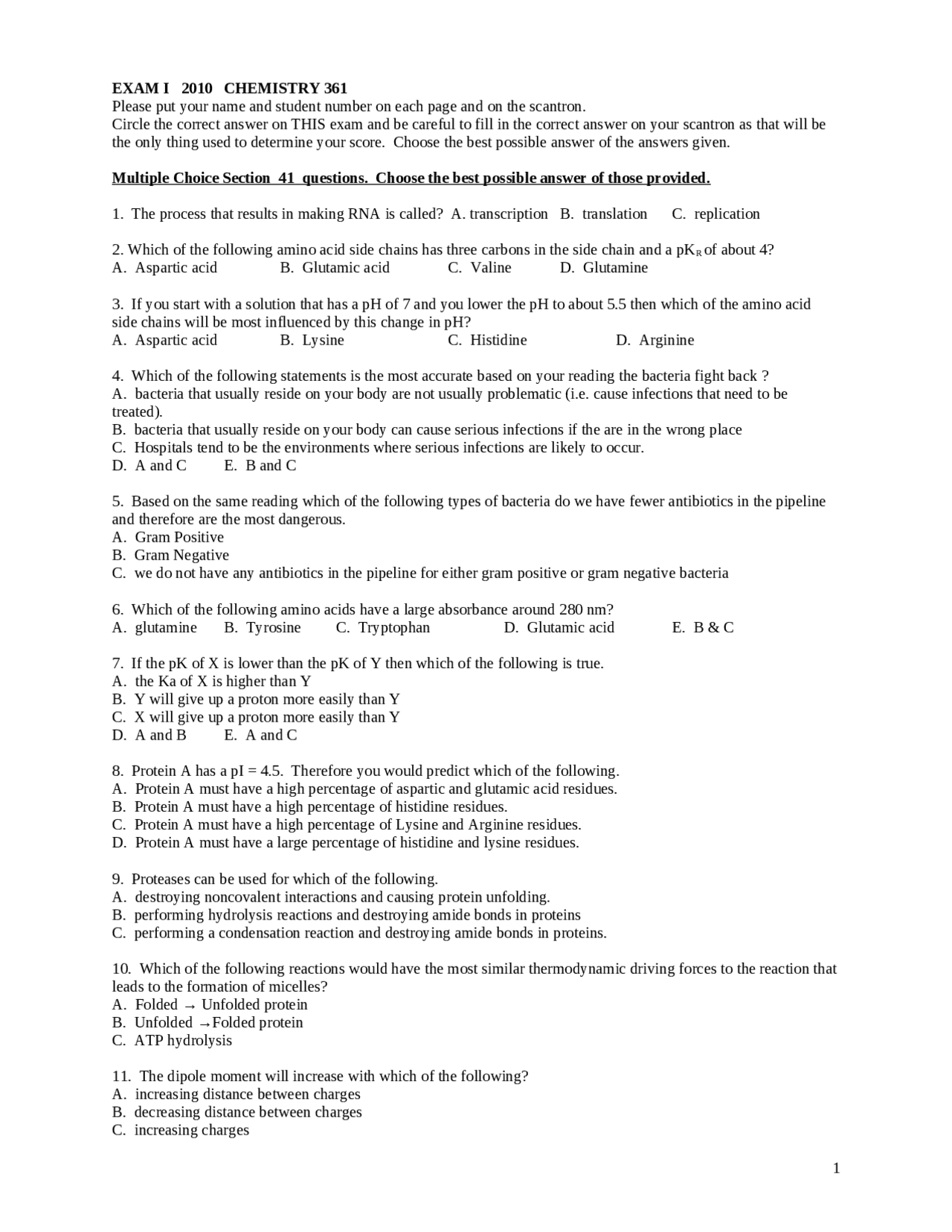 Multiple Choice Test On Biochemistry I Chem 361 Docsity