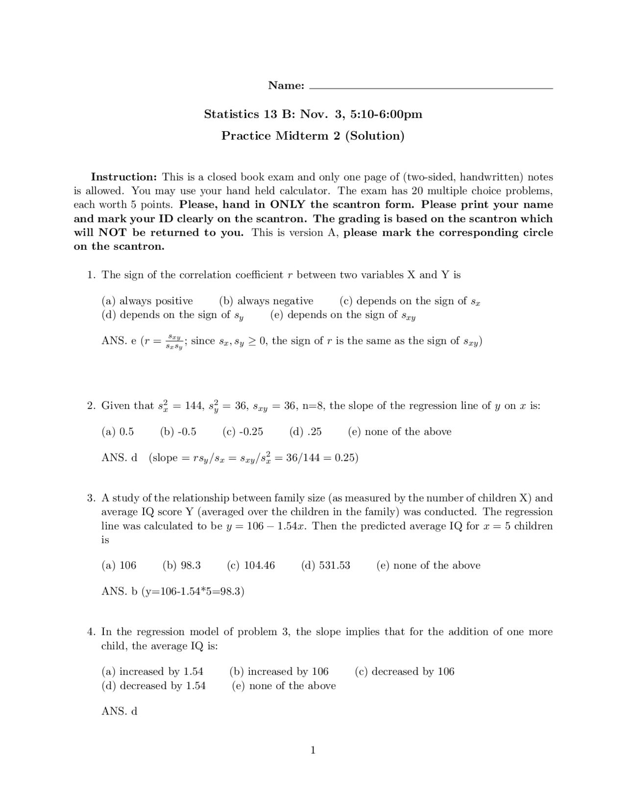 Practice Midterm Exam 2 On Elementary Statistics With Solutions Sta