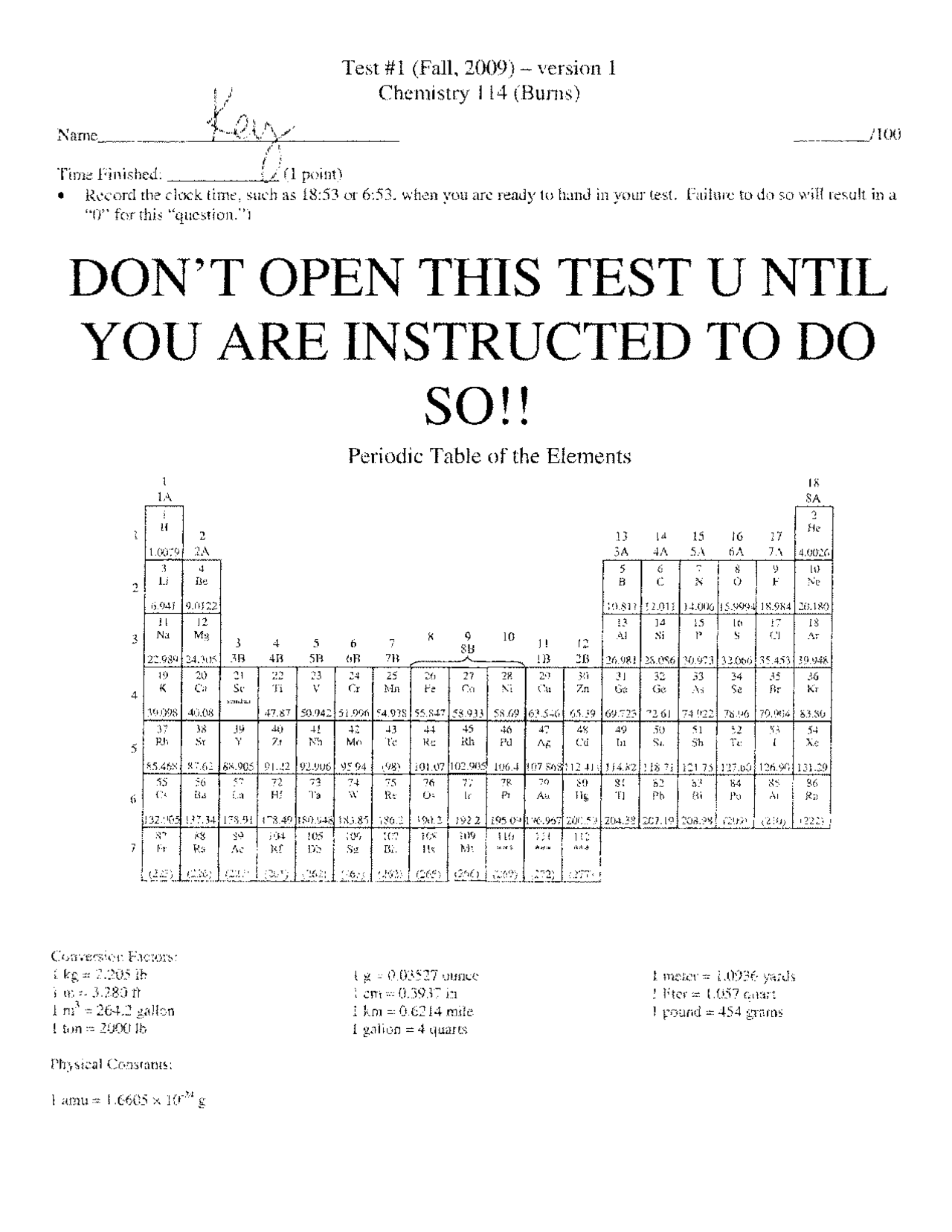 Test 1 Version 1 With Answer Key Introduction To General Chemistry