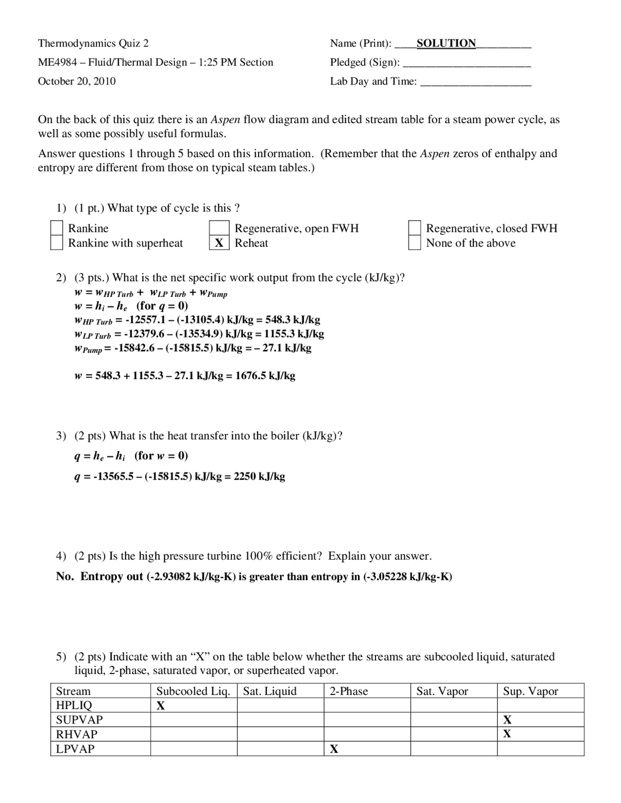 Thermodynamics Quiz Cad Of Fluid Thermal System Me 4124 Docsity