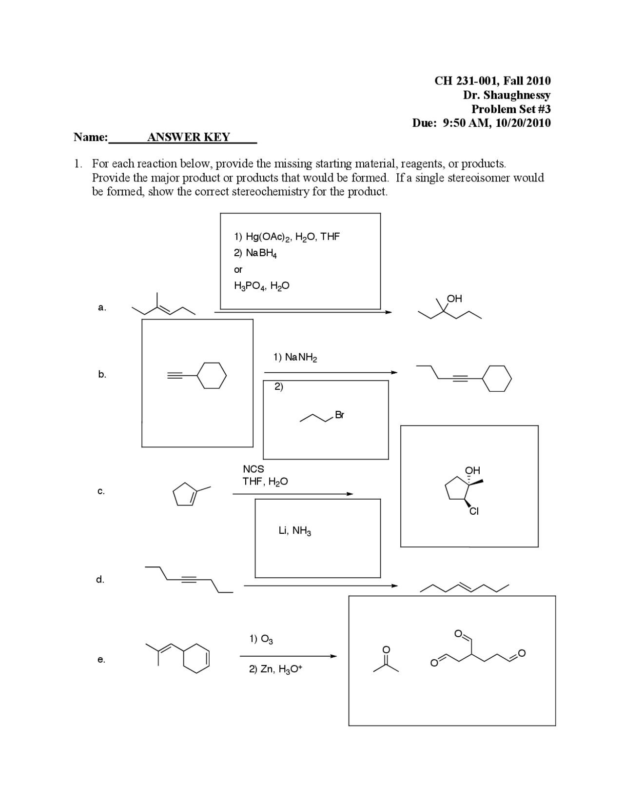 5 Questions On Elementary Organic Chemistry I Problem Set 3 Ch 231
