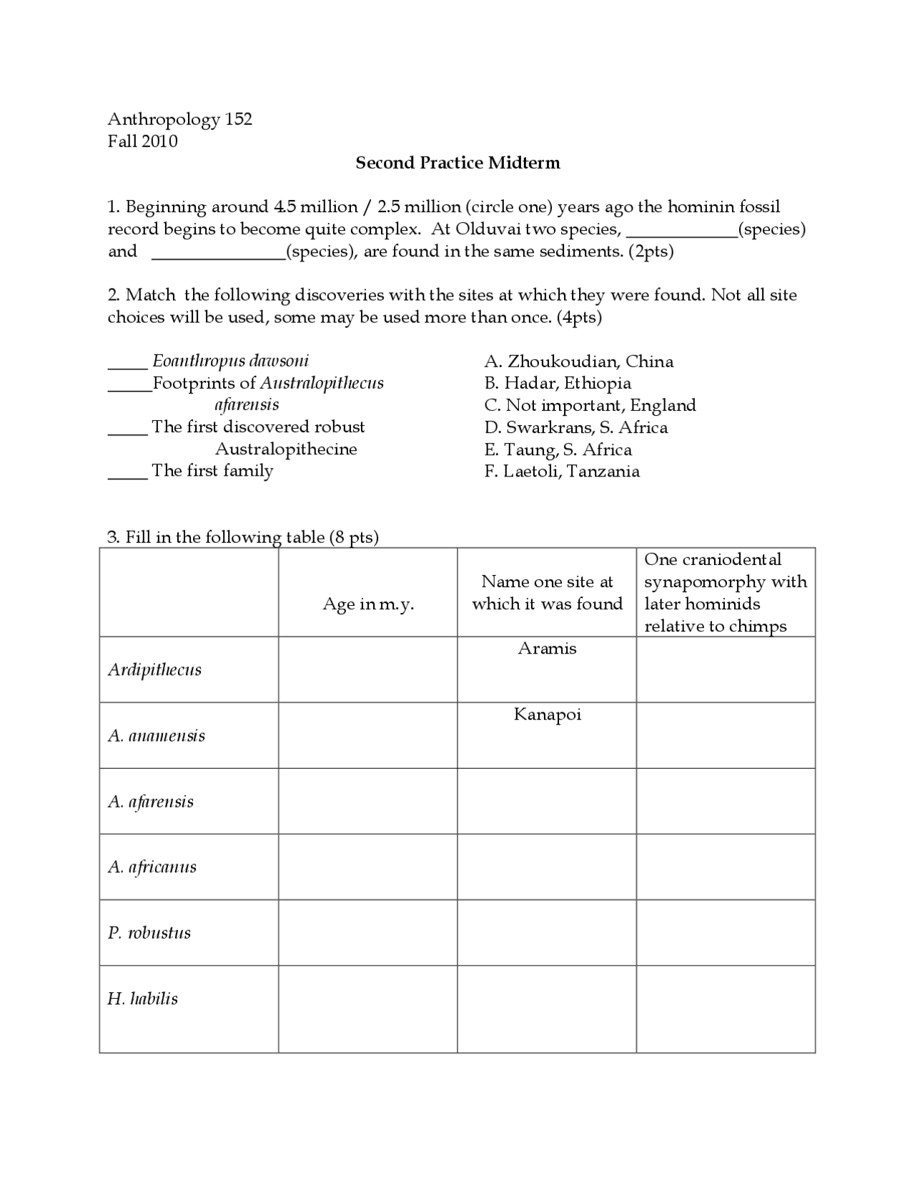 Second Practice Midterm Exam Human Evolution Ant 152 Docsity