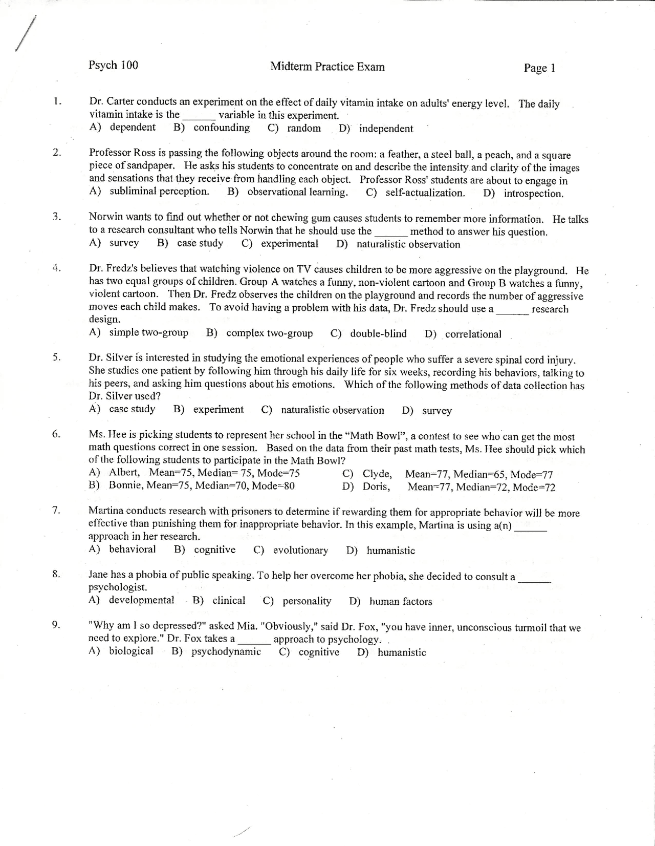 Midterm Practice Exam - Introduction to Psychology | PSYC 100 | Exams ...