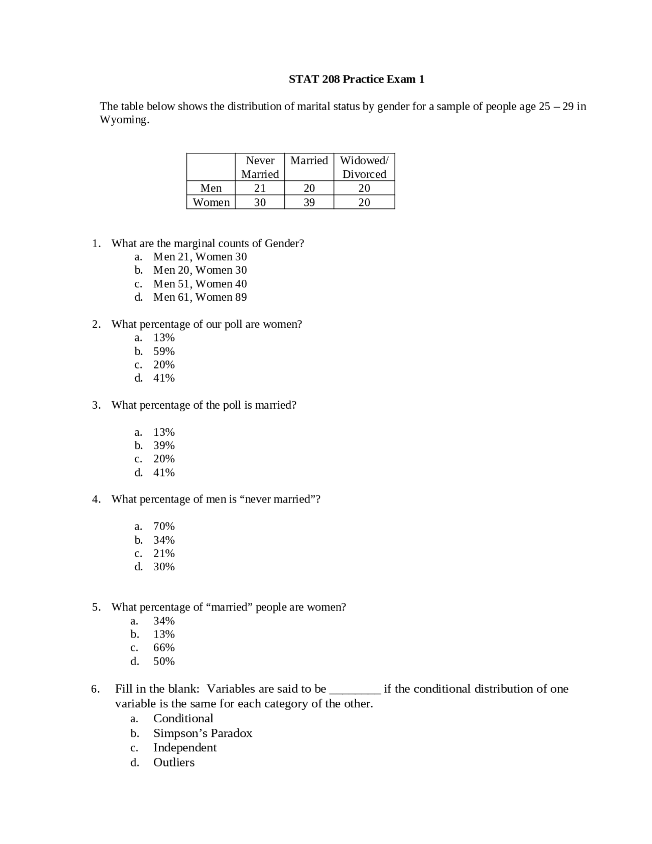 Practice Exam I Mcqs For Basic Statistics Stat 208 Docsity