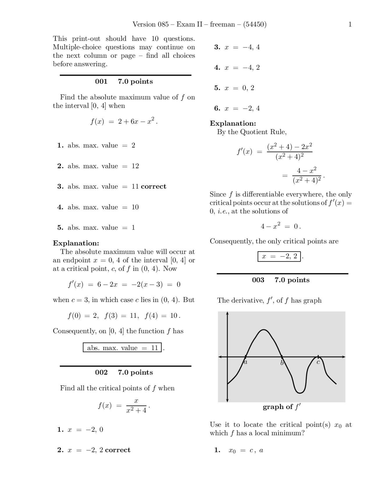 Exam 2 With Answers Differential And Integral Calculus M 408c Docsity