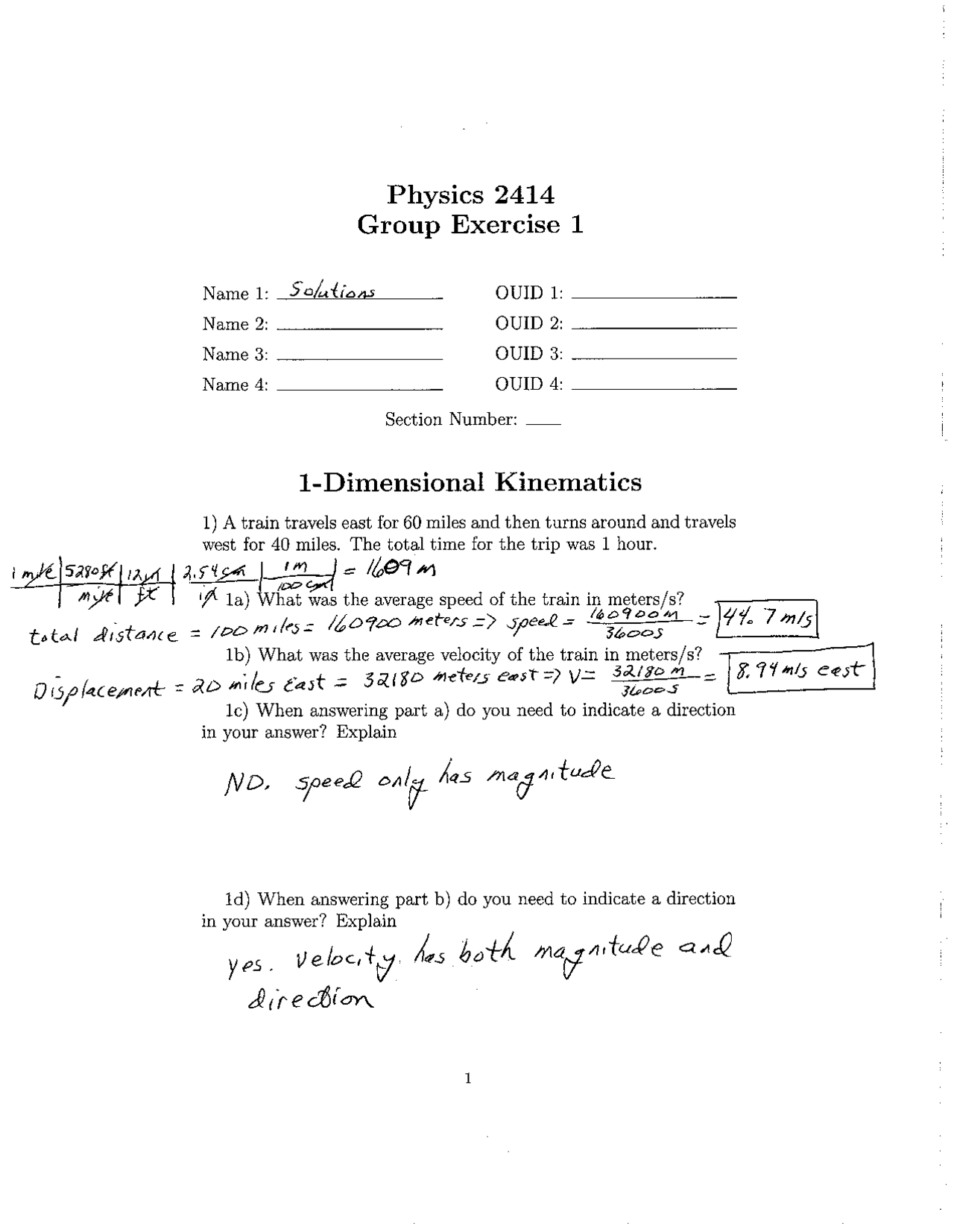 Dimensional Kinematics Solved Exercise Phys 2414 Docsity