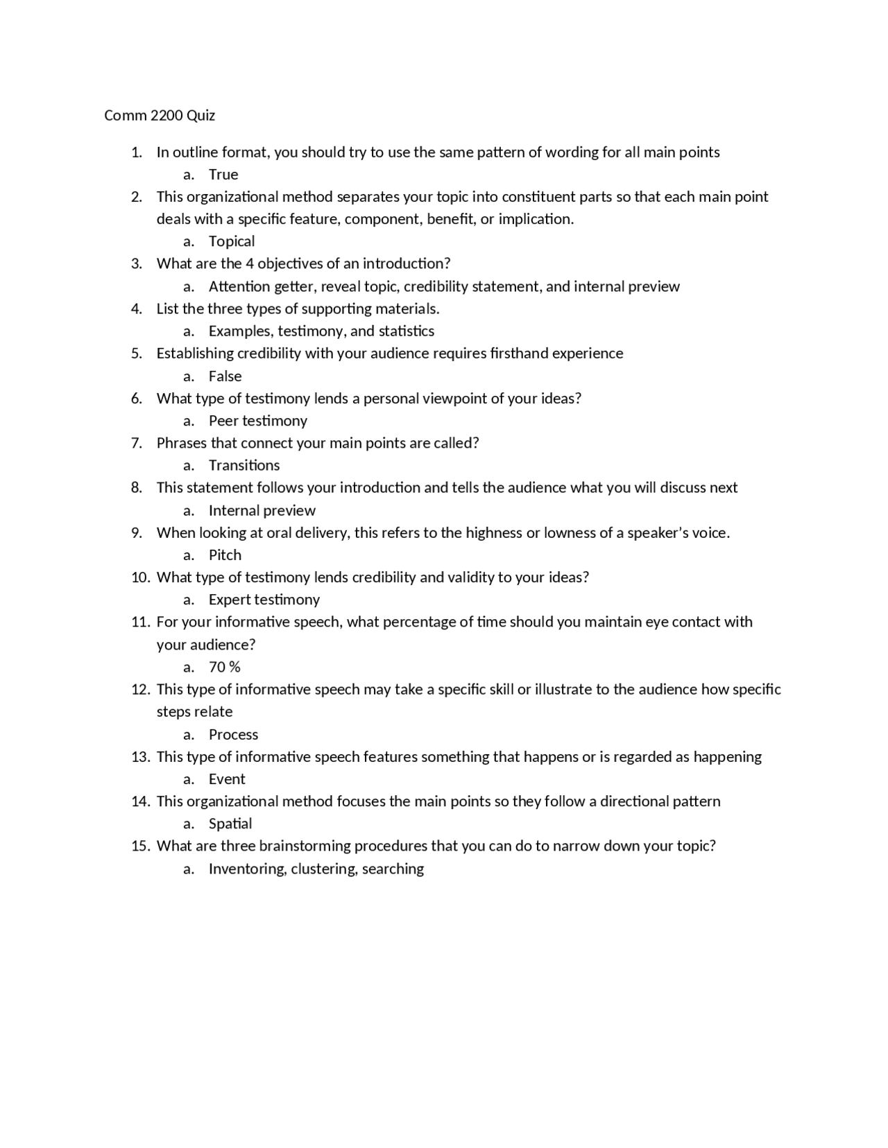 Fundamentals Of Communication Quiz With Answers Comm 2200 Docsity