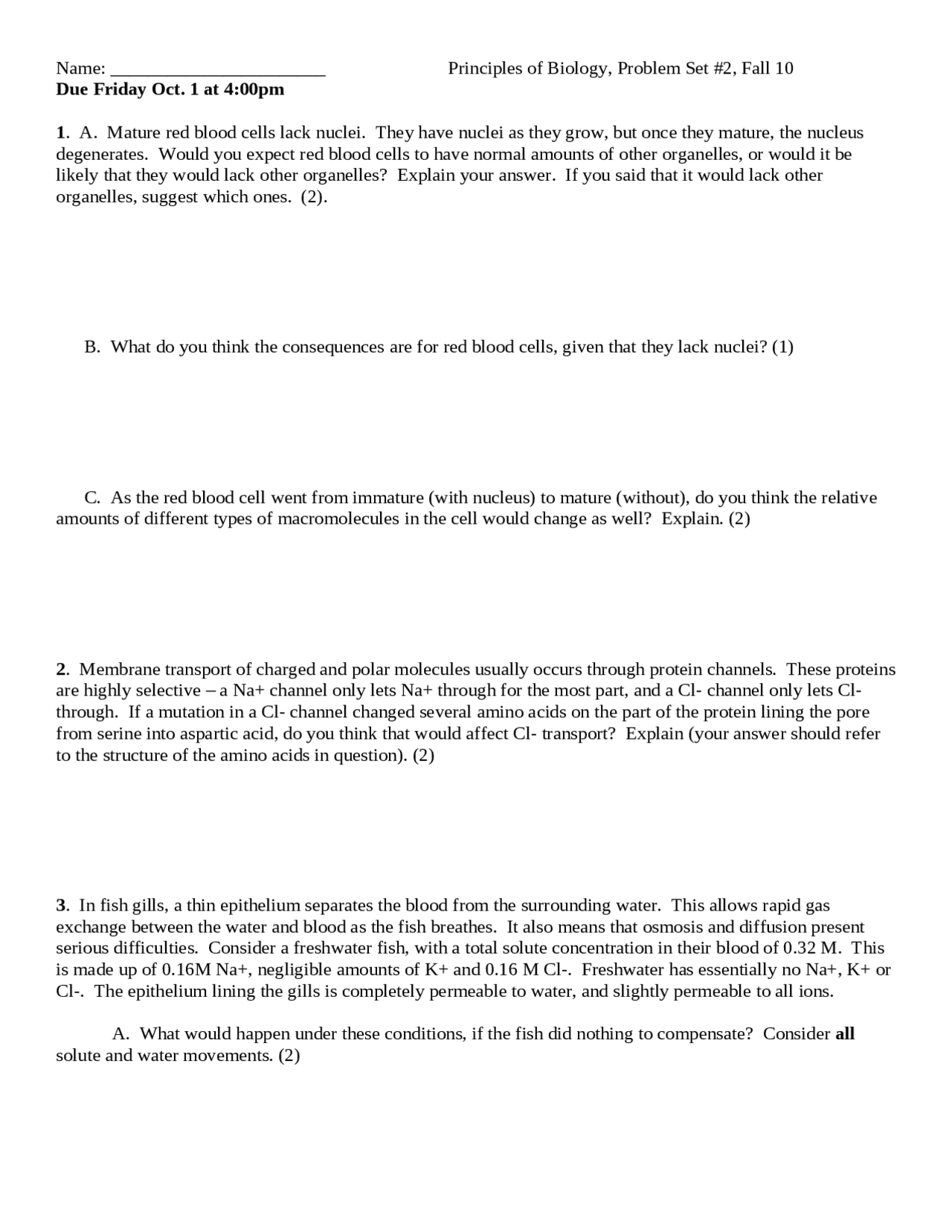 Problem Set 2 Principles Of Biology Biol 12100 Docsity