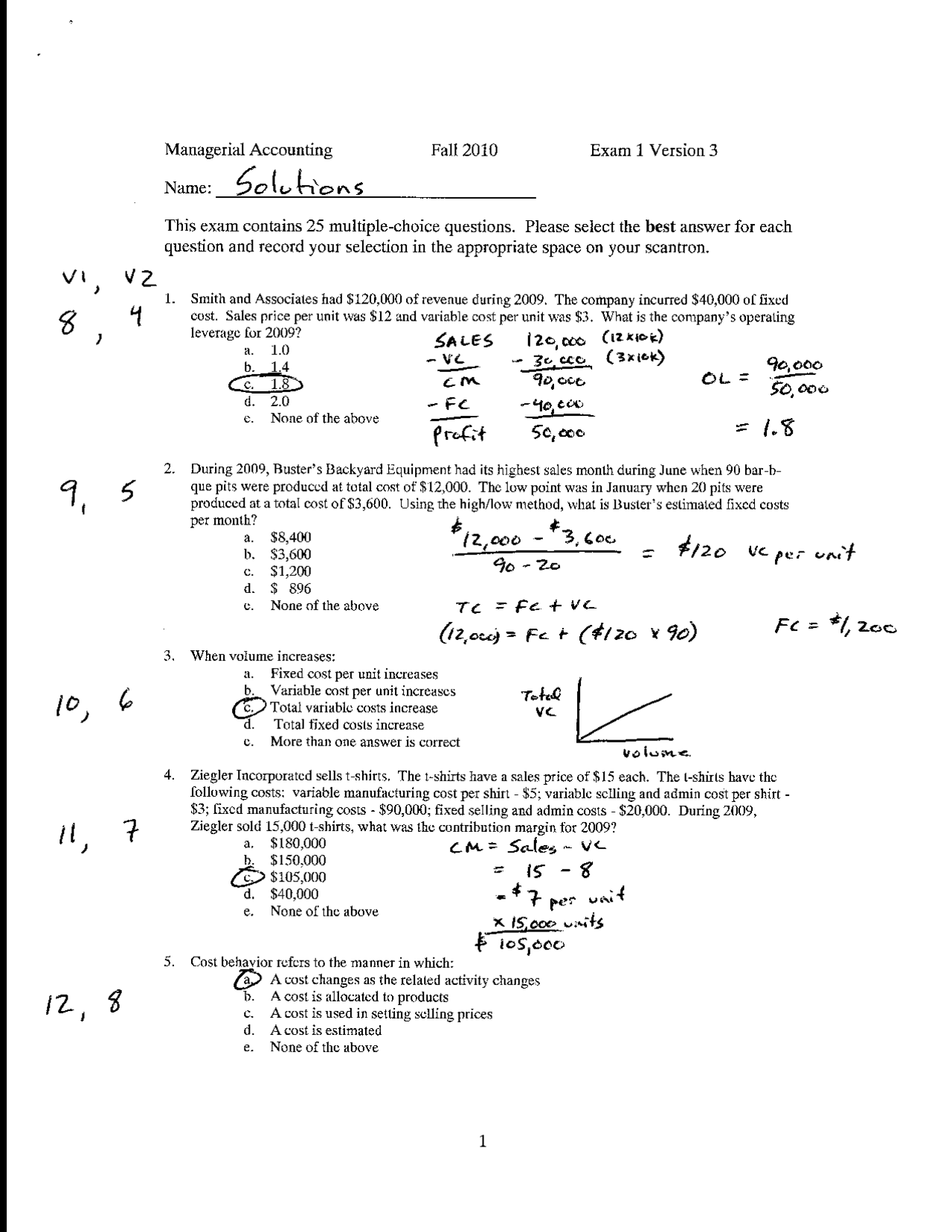 Exam 1 Version 3 With Solution Managerial Accounting Fall 2010
