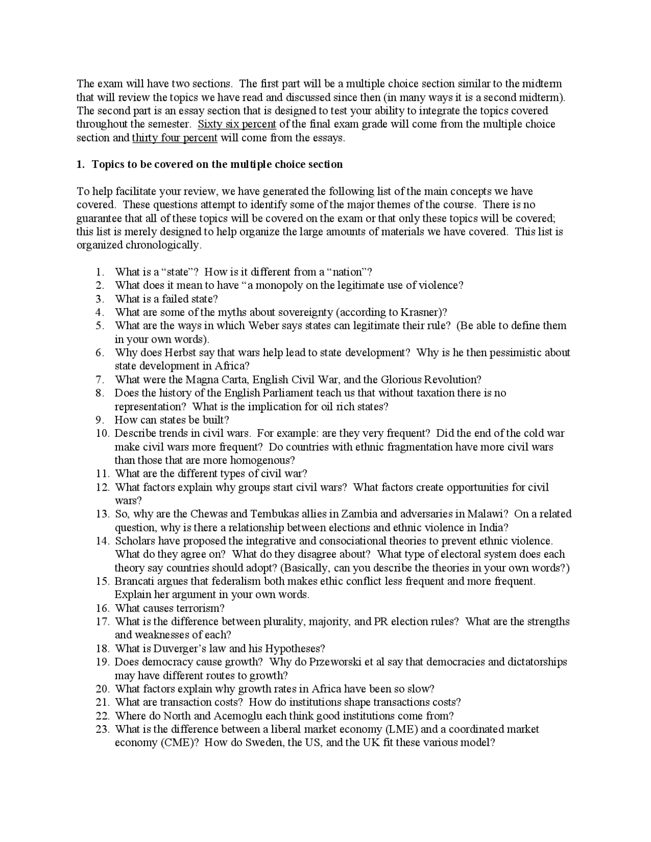 Final Review Sheet Introduction To Comparative Politics Pols 1202